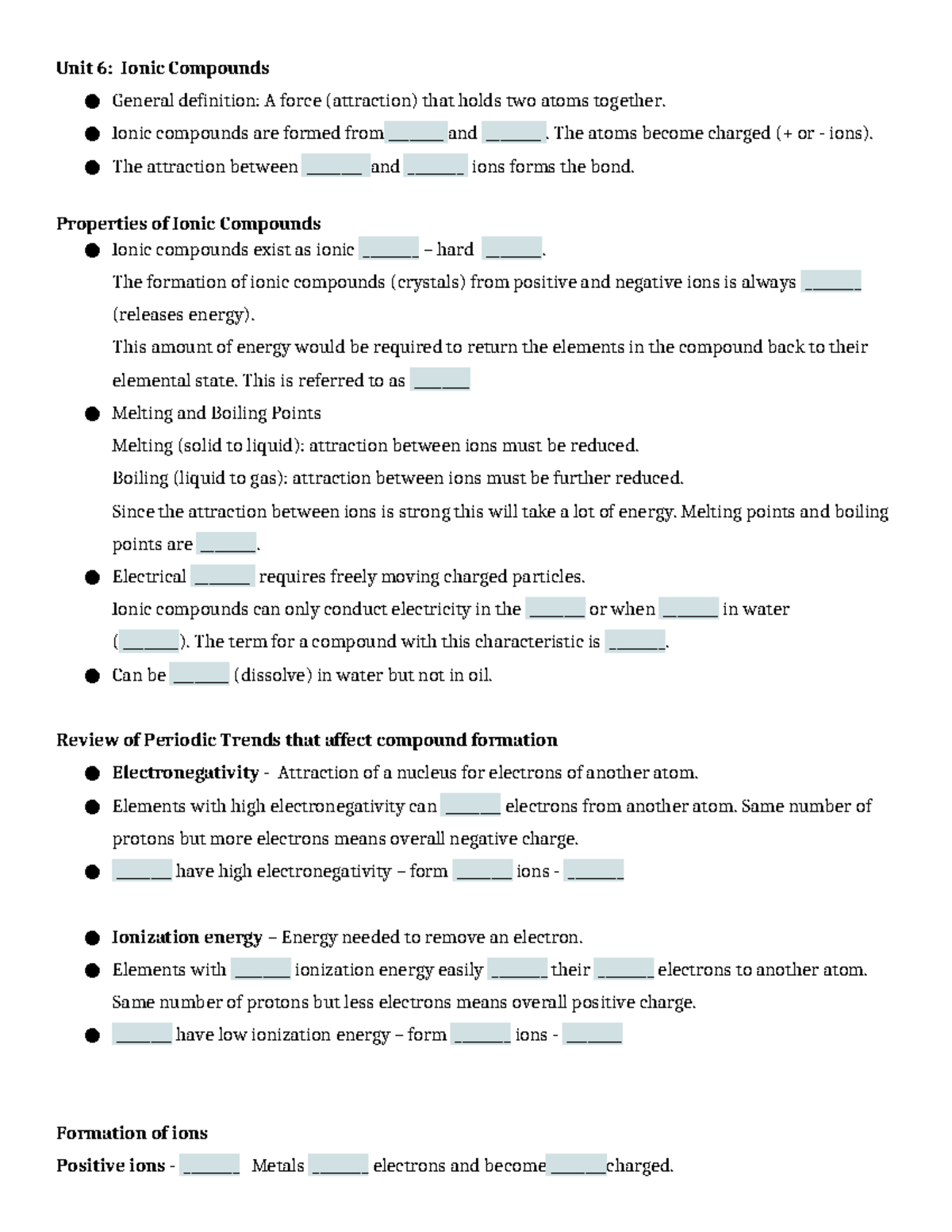 Copy of Notes Ionic Compounds - Unit 6: Ionic Compounds General ...
