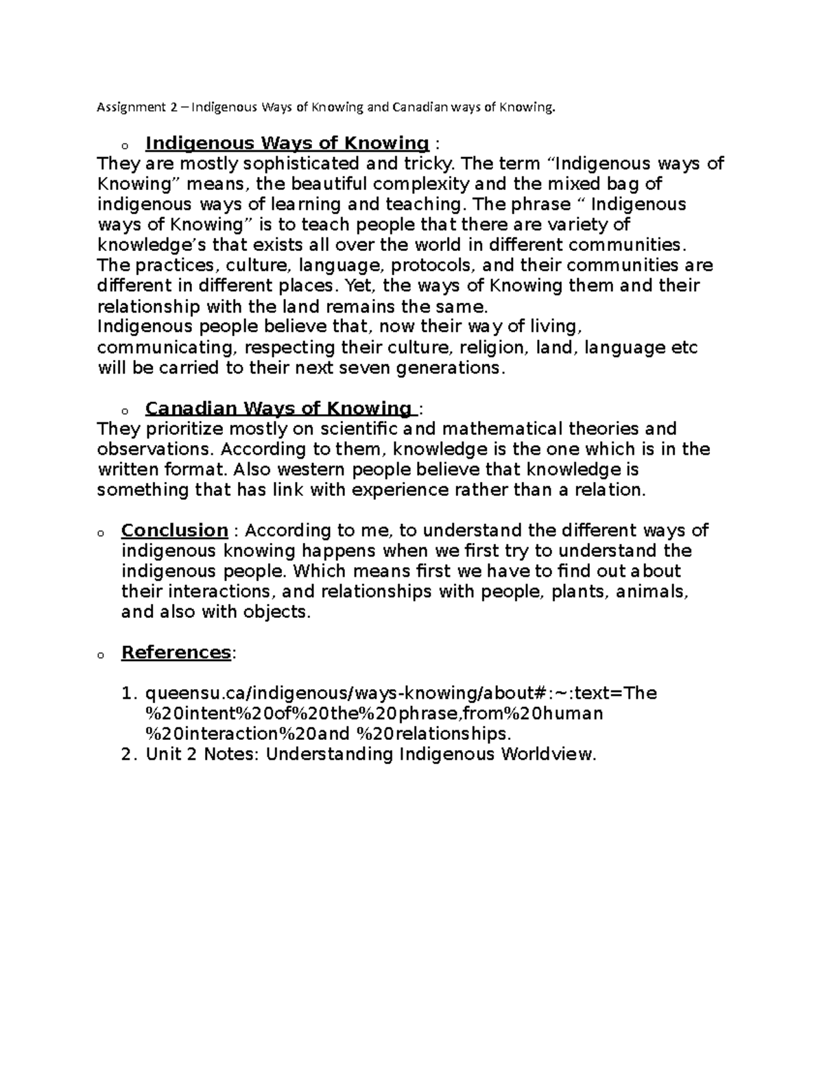 Assignment 2 – Indigenous Ways of Knowing and Canadian ways of Knowing ...