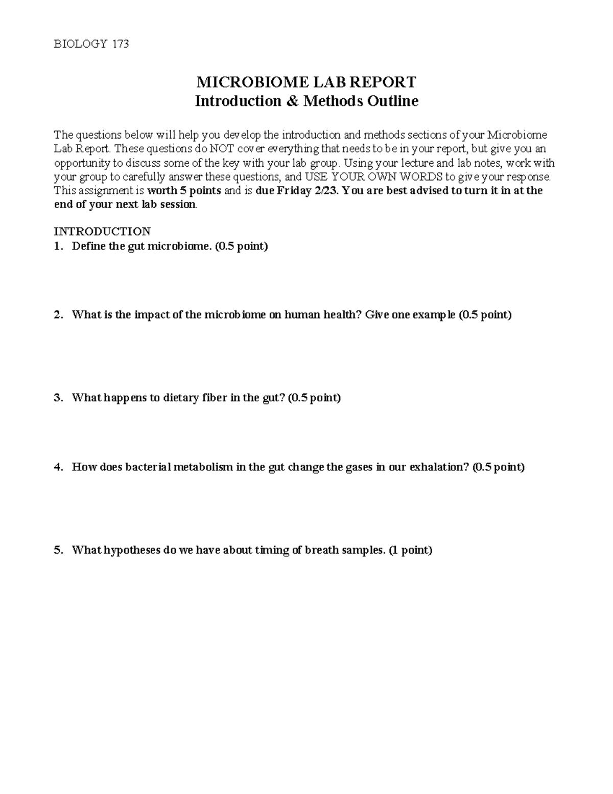 173 Lab Report Intro Methods Outline - BIOLOGY 173 MICROBIOME LAB ...