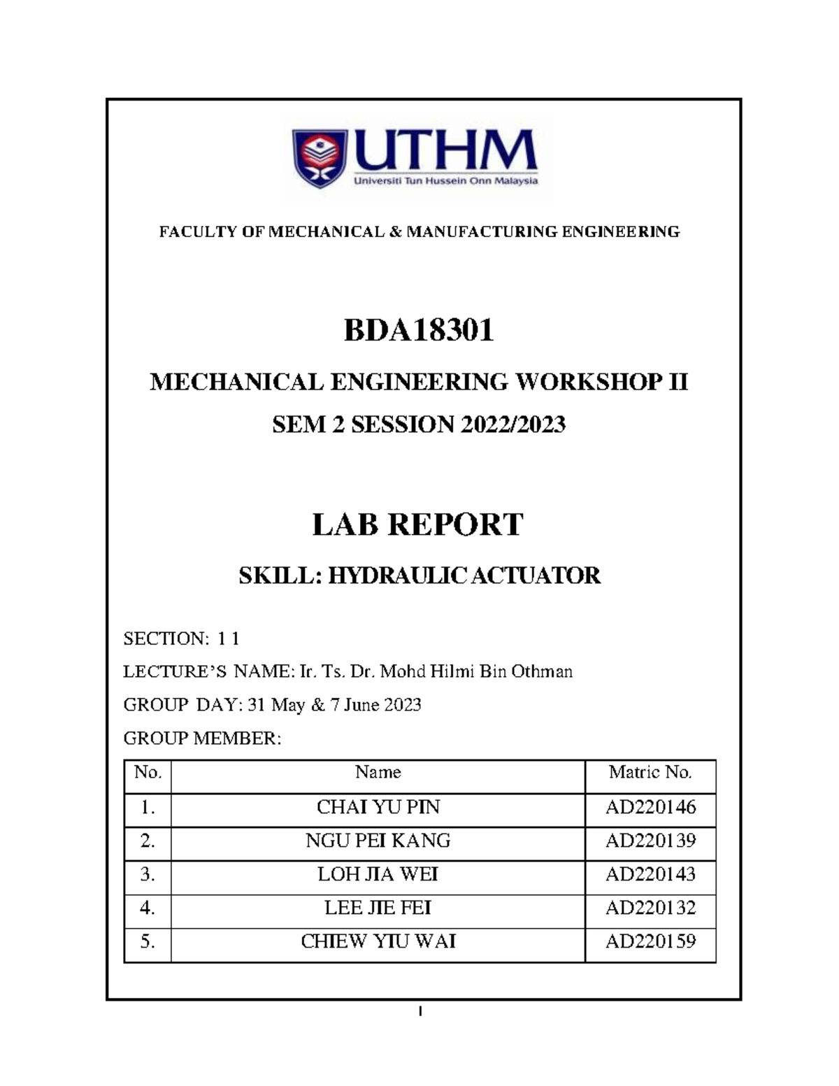 Hydraulic Actuator - lab report - FACULTY OF MECHANICAL & MANUFACTURING ...