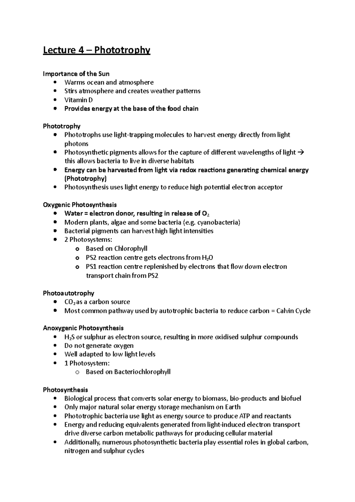 Lecture 4 - notes - Lecture 4 – Phototrophy Importance of the Sun Warms ...