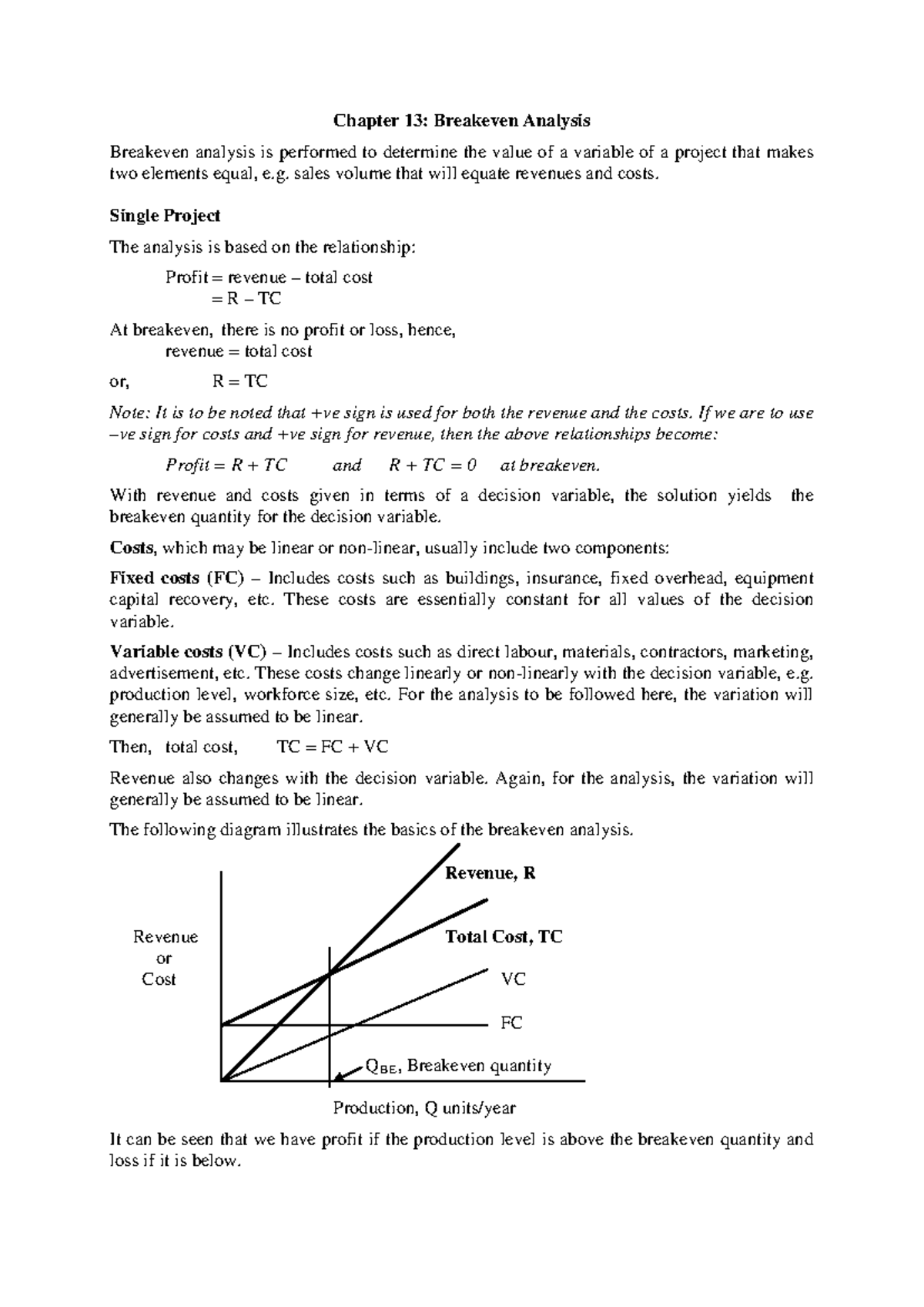 FAM-Ch - School - Chapter 13: Breakeven Analysis Breakeven analysis is ...