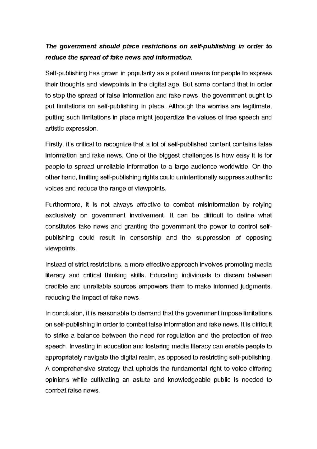 Essay - The government should place restrictions on self-publishing in ...
