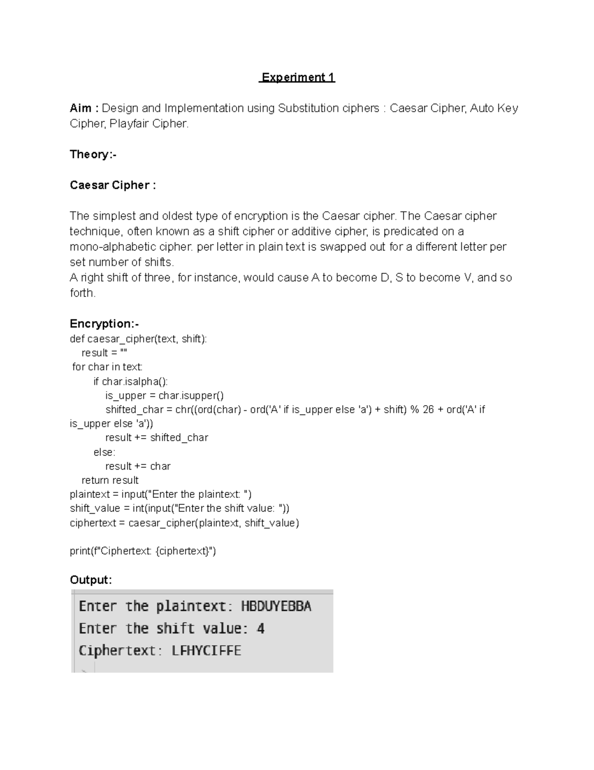 Css Exp1 Design And Implementation Using Substitution Ciphers Caesar Cipher Auto Key