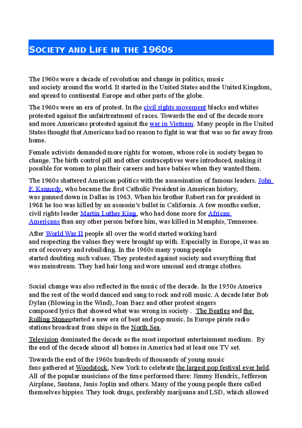 Society and Life in the 1960s - SOCIETY AND LIFE IN THE 1960 S The ...