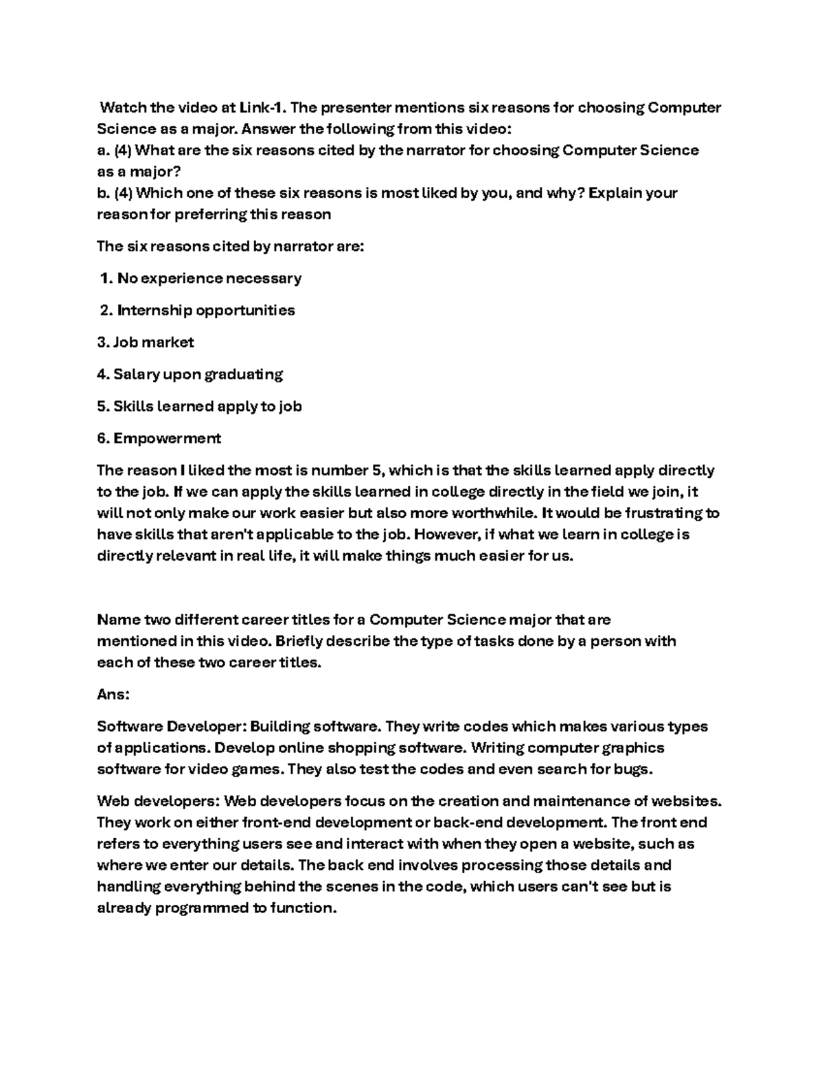 Computer Science Assignment Watch The Video At Link 1 The Presenter Mentions Six Reasons For
