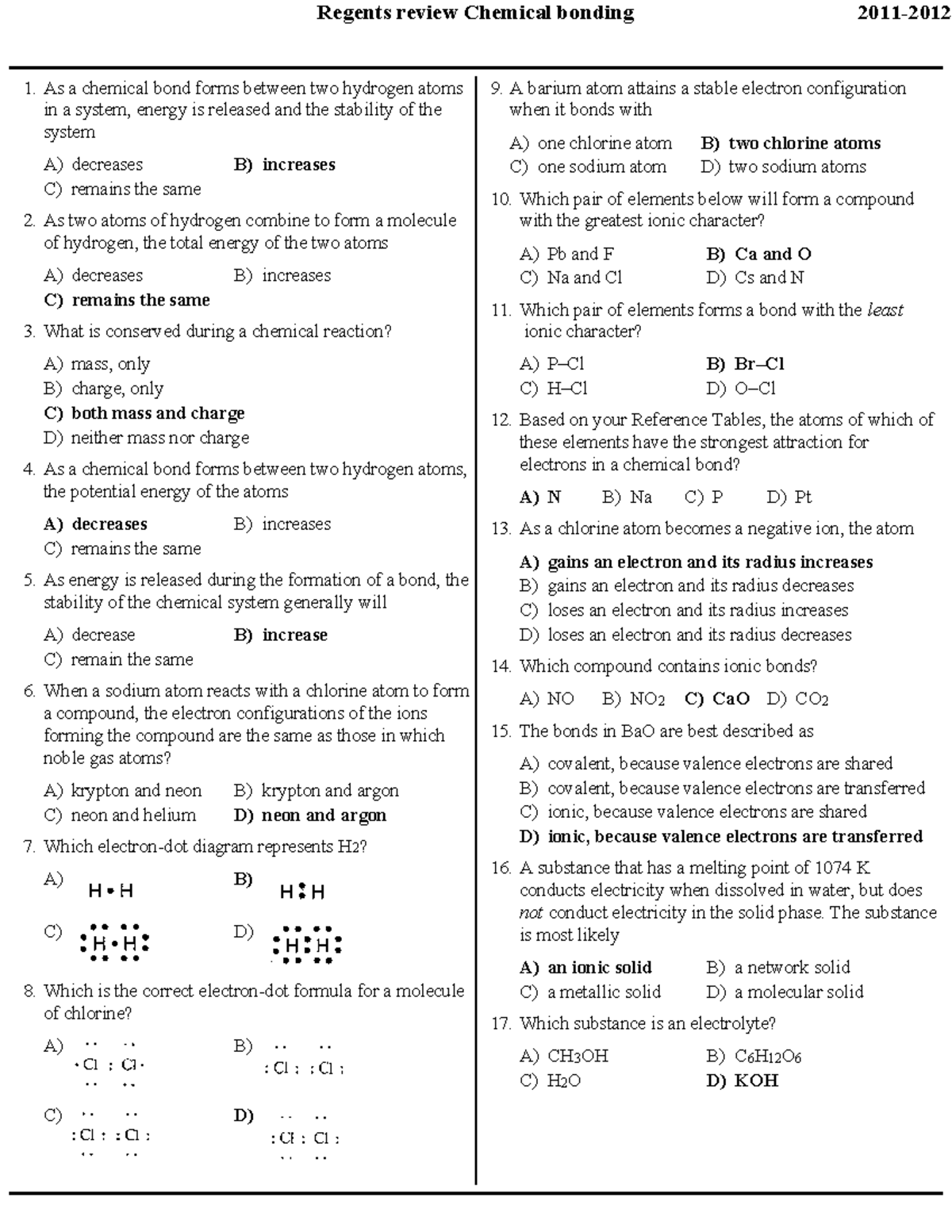 Regents review chemical bonding key 1 - Regents review Chemical bonding ...