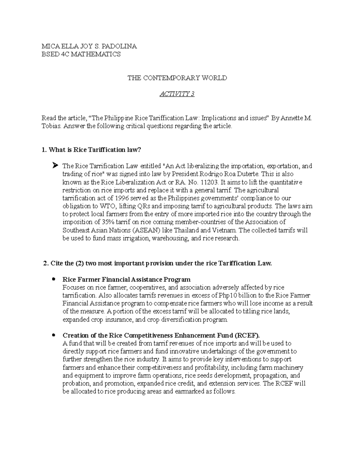 The contemporary world - MICA ELLA JOY S. PADOLINA BSED 4C MATHEMATICS ...