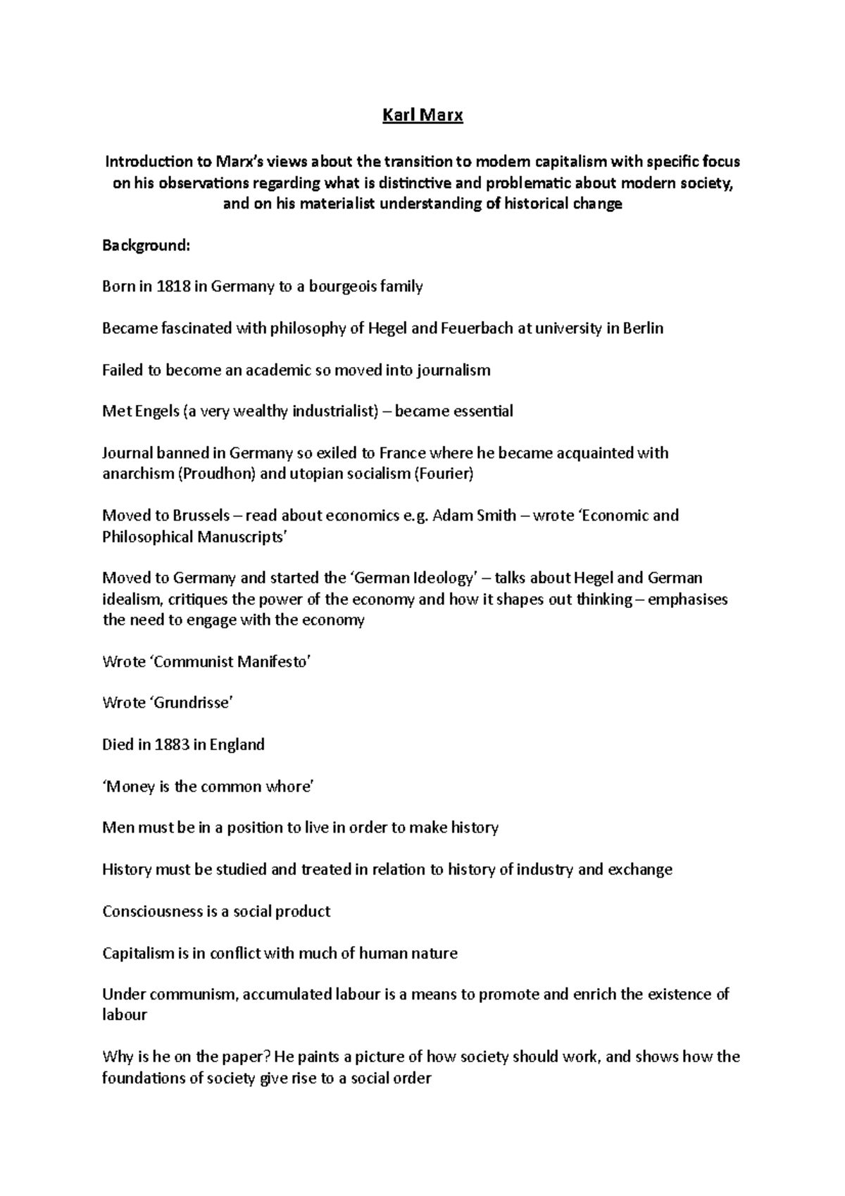 Karl Marx - exam notes - Summary Political Philosophy - Karl Marx ...