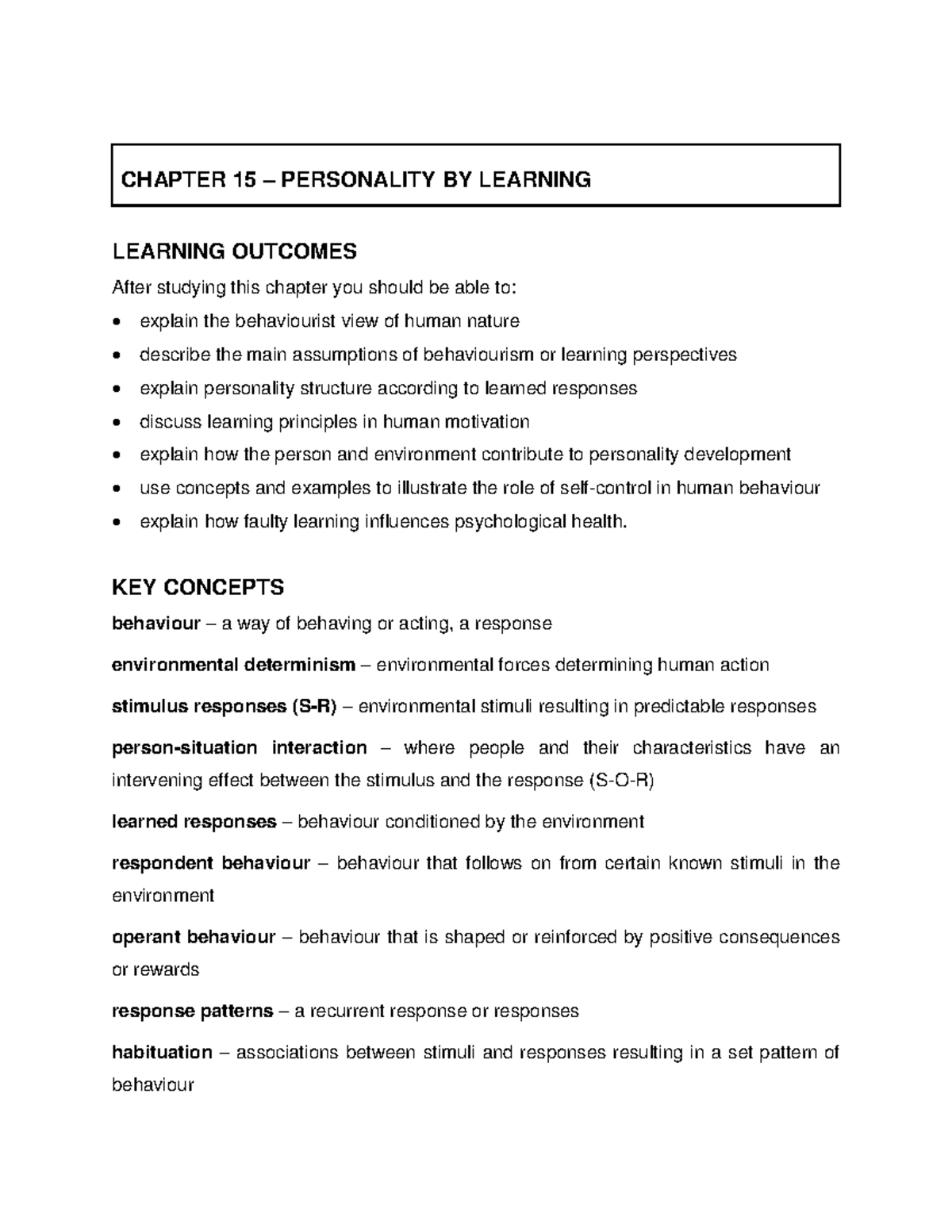 Chapter 15 Key Concepts - CHAPTER 15 – PERSONALITY BY LEARNING LEARNING ...