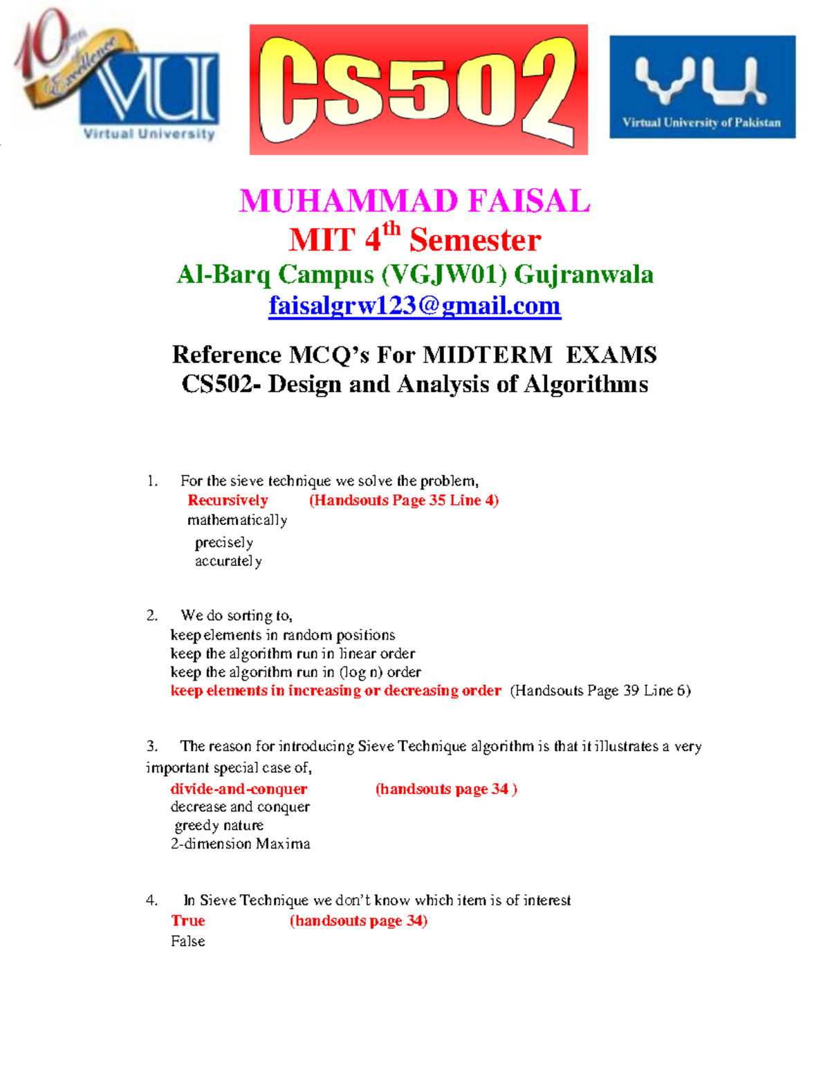 CS502Midterm Reference MCQs - MUHAMMAD FAISAL MIT 4 th Semester Al-Barq Campus (VGJW01 ...