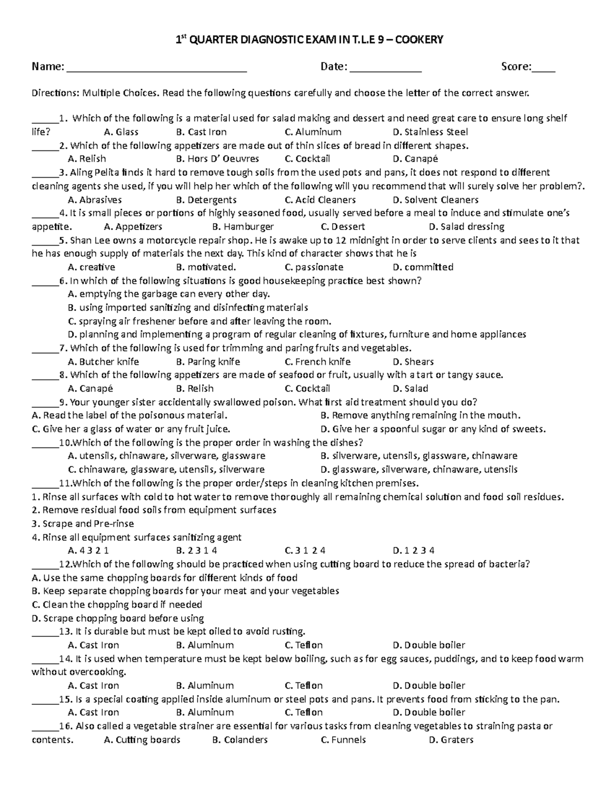 Diagnostic 1Quarter TLE9 - 1 st QUARTER DIAGNOSTIC EXAM IN T.L 9 ...