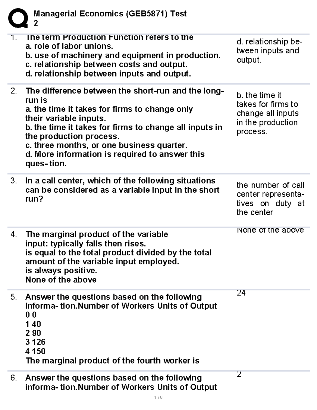 Final exam 1 - exam information - 2 1. The term Production Function ...