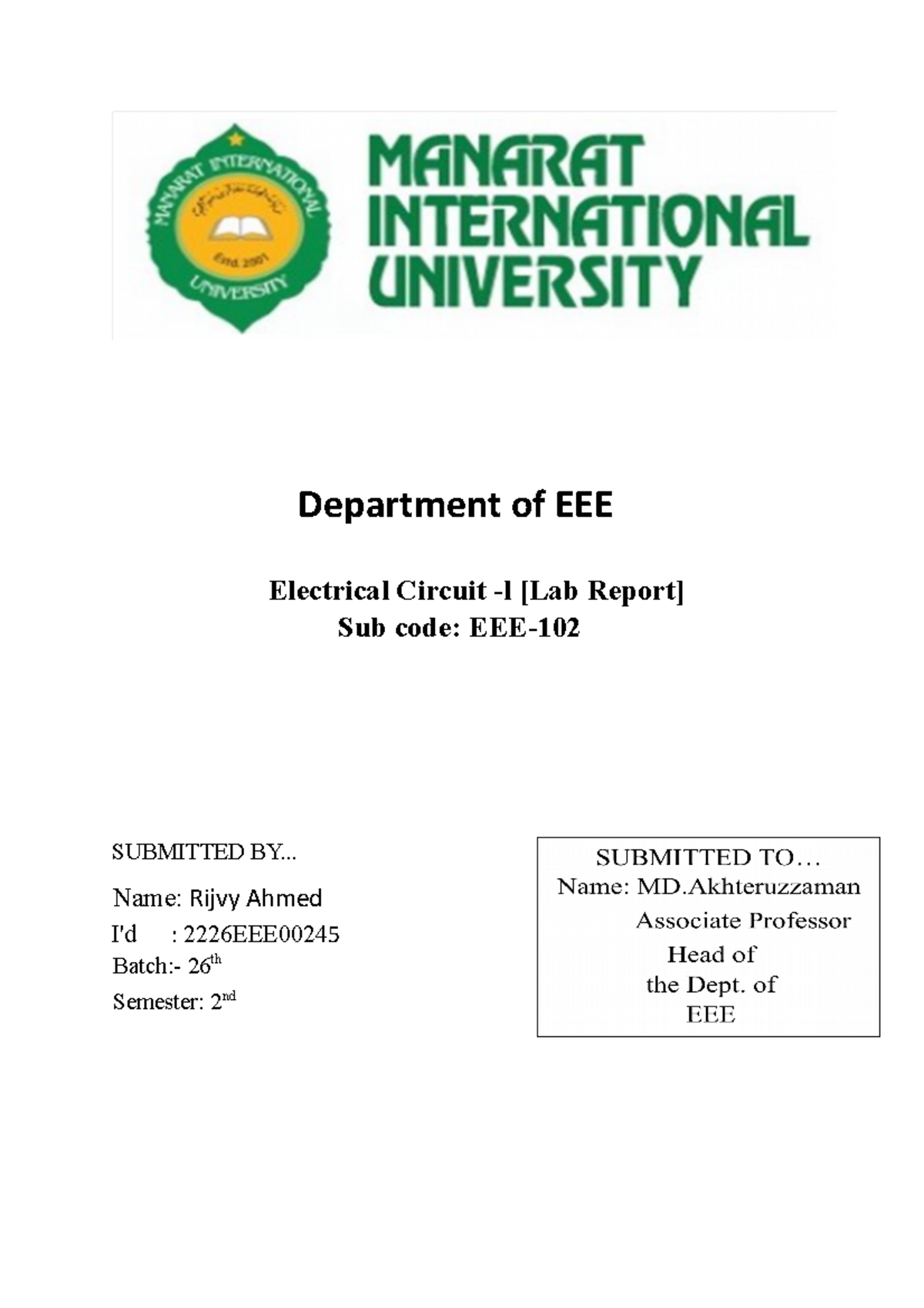 Circuit Lab Report - This is my - Department of EEE Electrical Circuit ...