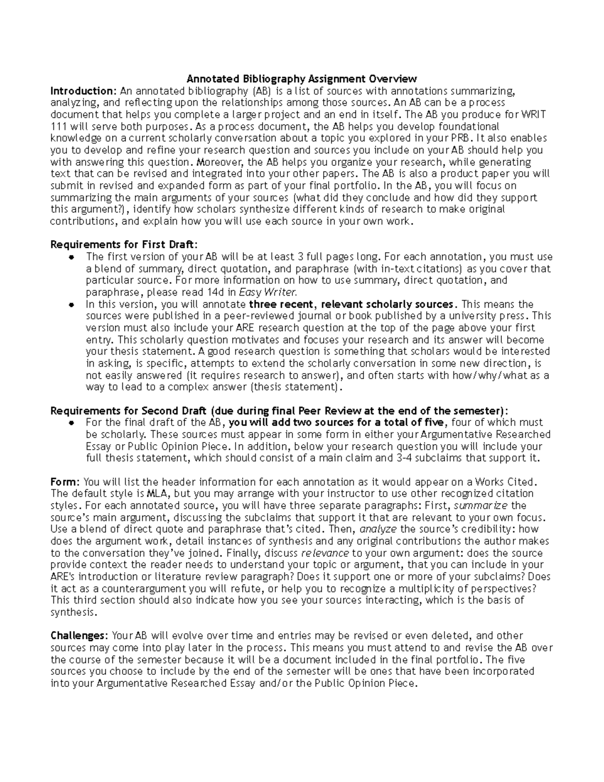 A.B Assignment - Rubric - Annotated Bibliography Assignment Overview ...