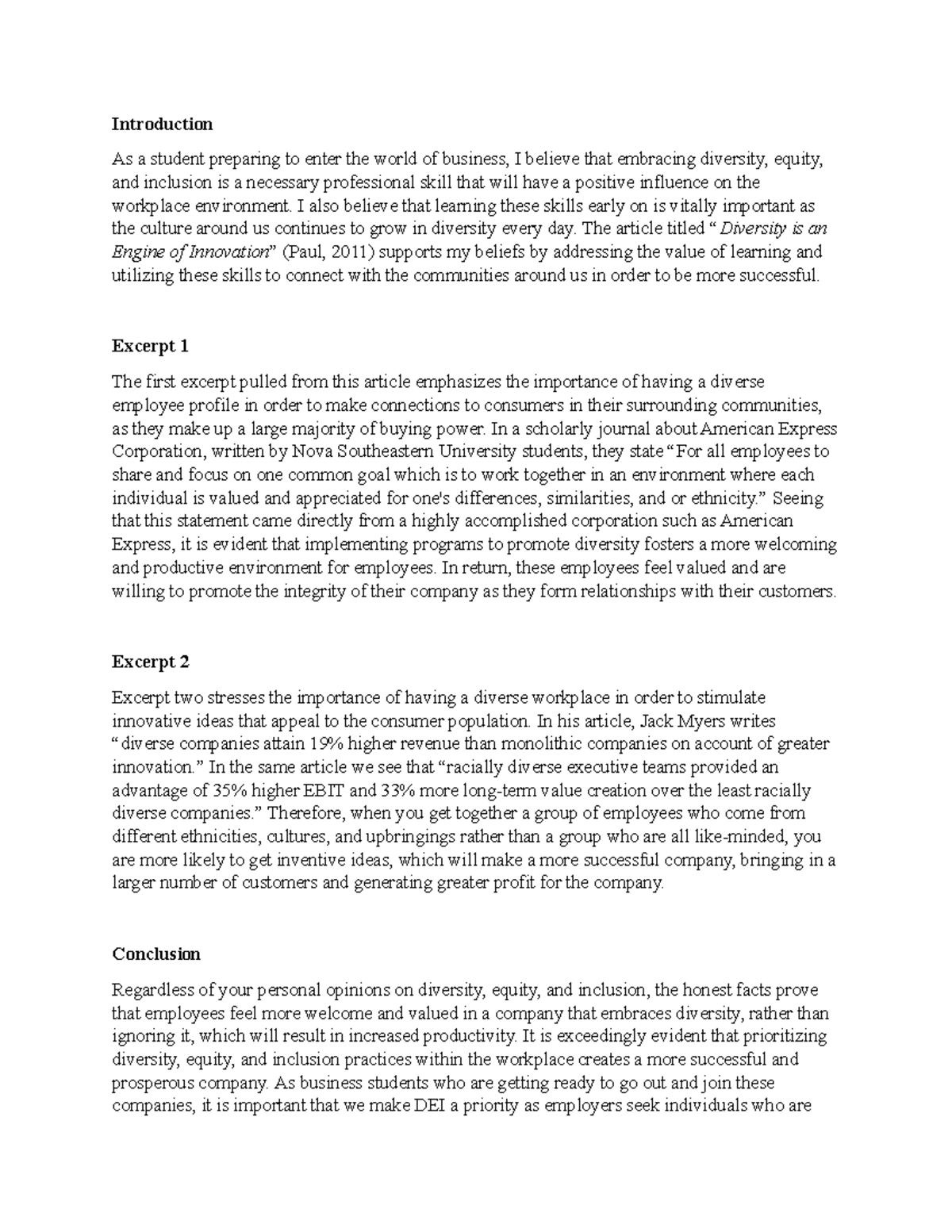 DEI Reflection - Introduction As a student preparing to enter the world ...