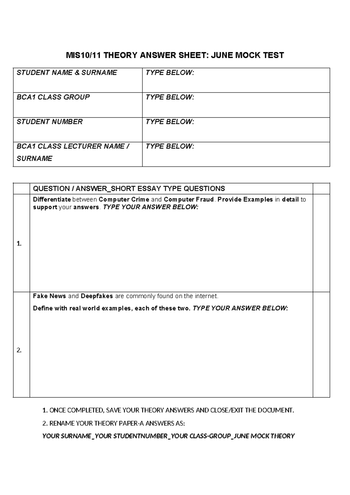 MIS10 Theory Answer Sheet June Mock Exam 2024 - MIS10/11 THEORY ANSWER ...