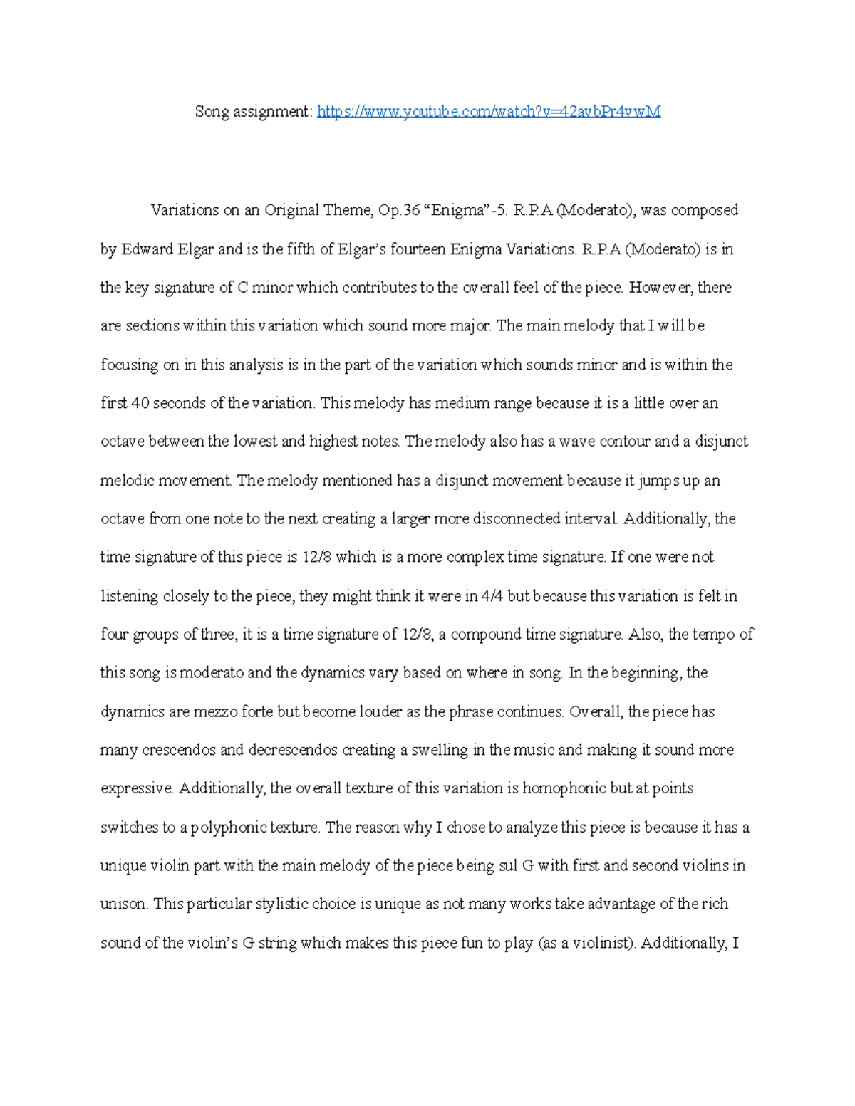 Song assignment - essay on a song of choice - Song assignment: youtube ...