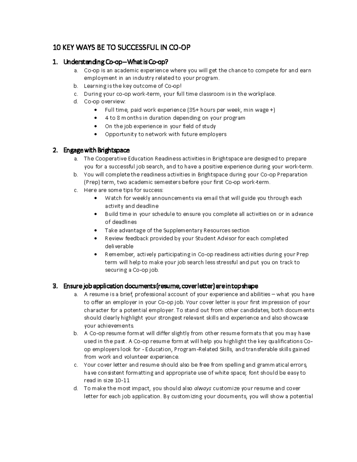 10 Key Ways be to Successful in Co-op - 10 KEY WAYS BE TO SUCCESSFUL IN CO-OP 1. Understanding ...