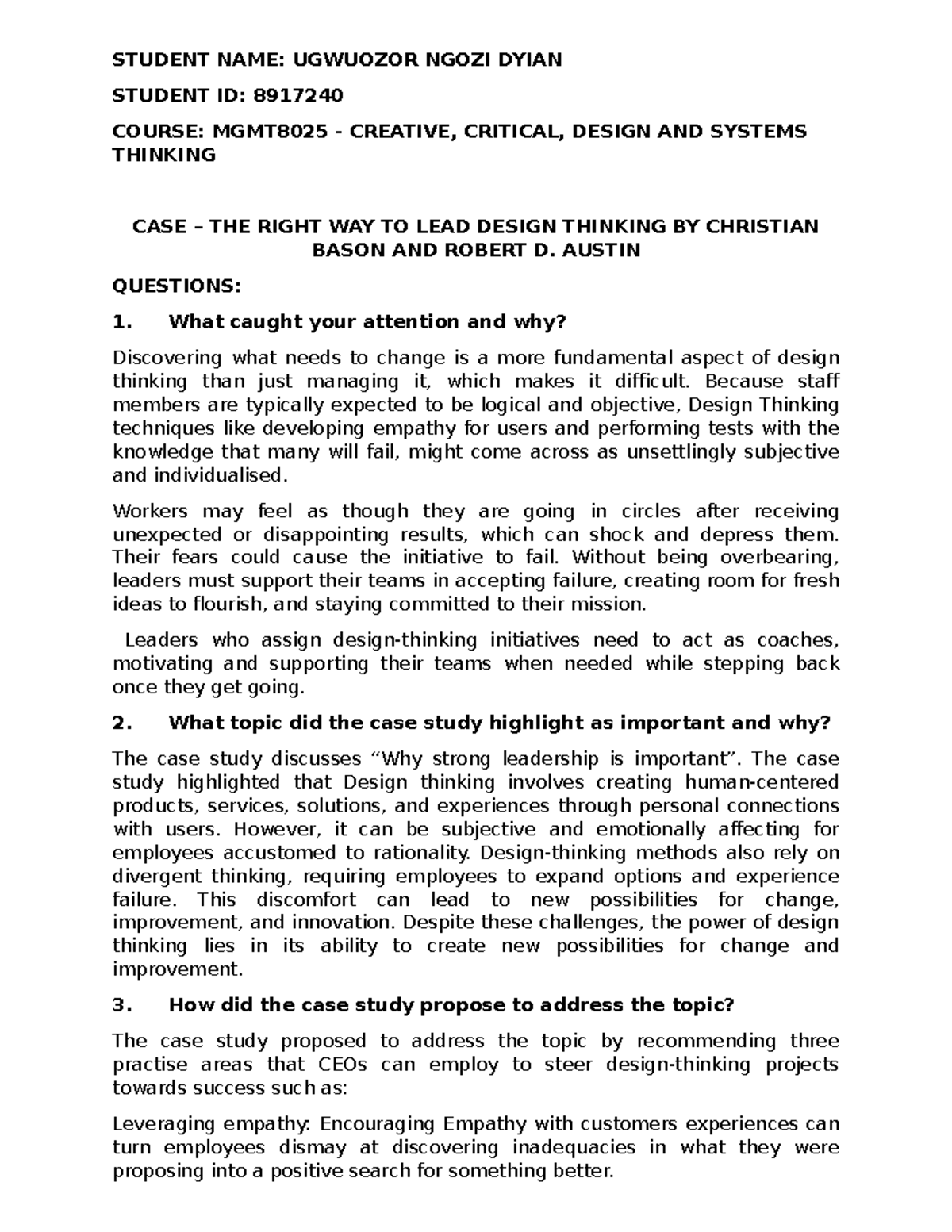 Assignment 3 MGMT 8025 - nil - STUDENT NAME: UGWUOZOR NGOZI DYIAN STUDENT ID: 8917240 COURSE ...