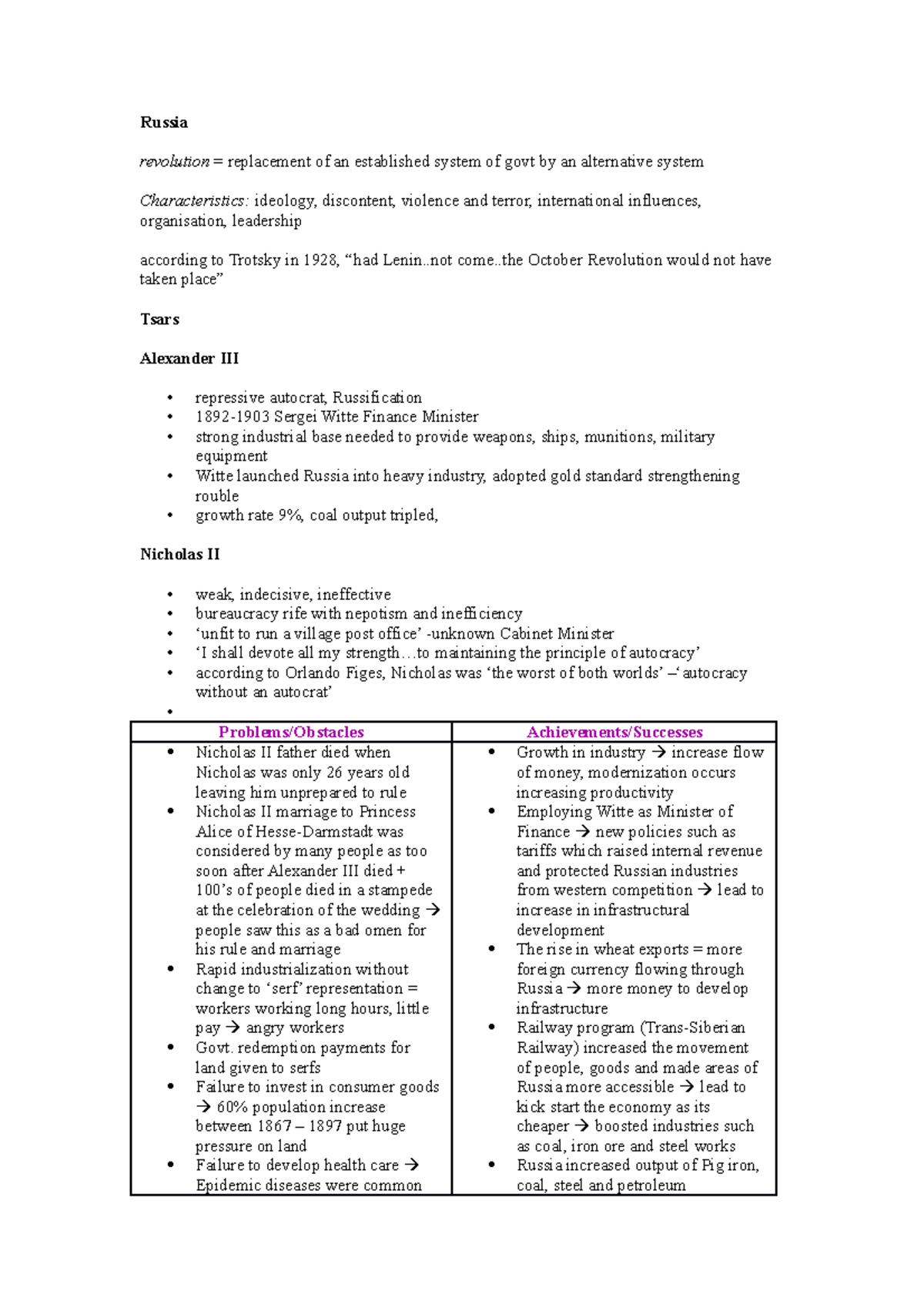 WACE-Russia-Notes - fgdfgd - Russia revolution = replacement of an ...