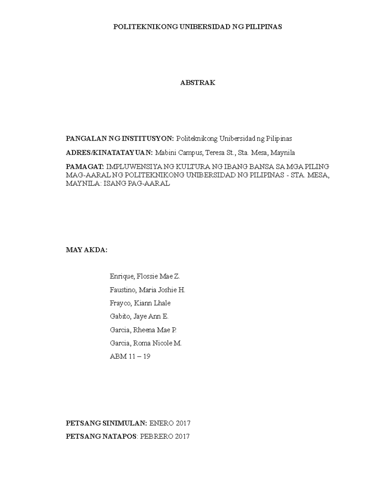 FIL - Abstract - Grade: 100 - POLITEKNIKONG UNIBERSIDAD NG PILIPINAS ...
