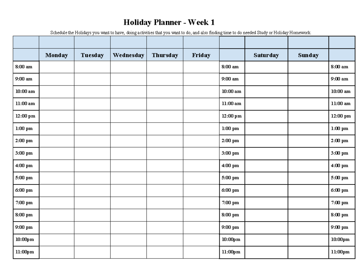 Yr11 Template Holiday Study Planner- 2023 - Holiday Planner - Week 1 ...