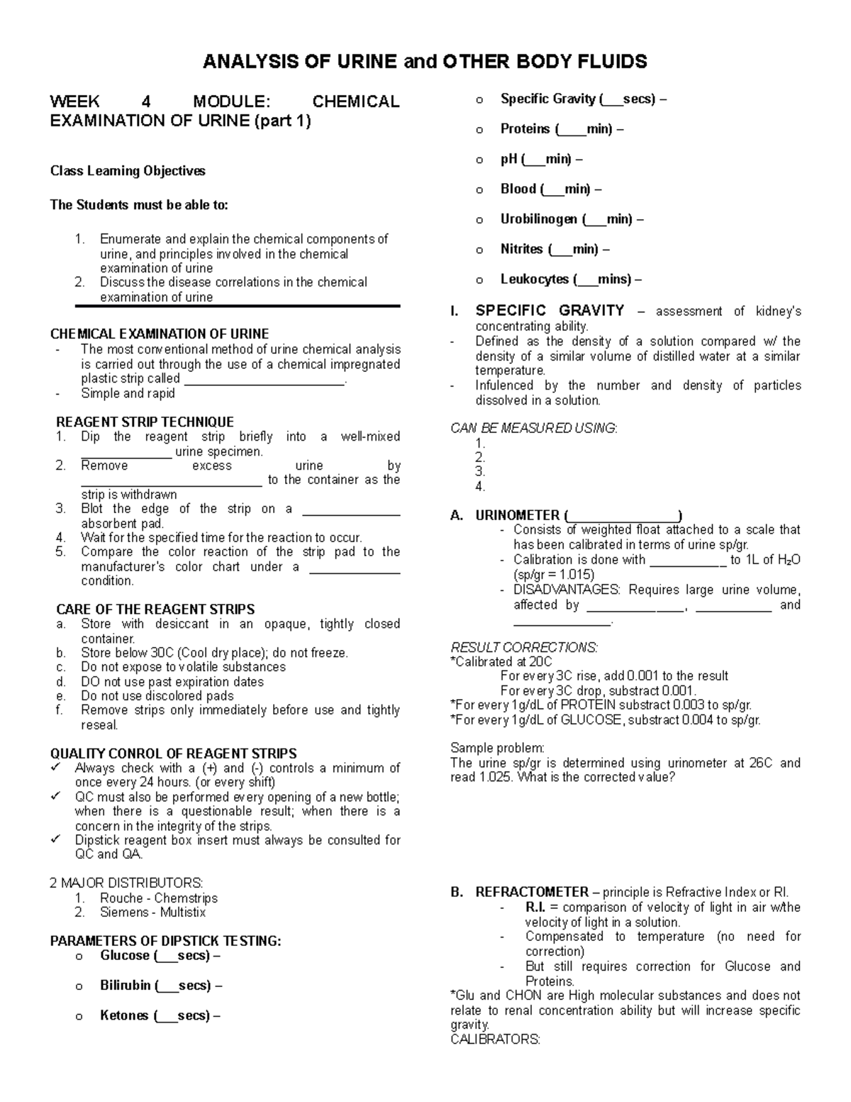 Week 4 Module (Chemical Examination of Urine) - ANALYSIS OF URINE and ...