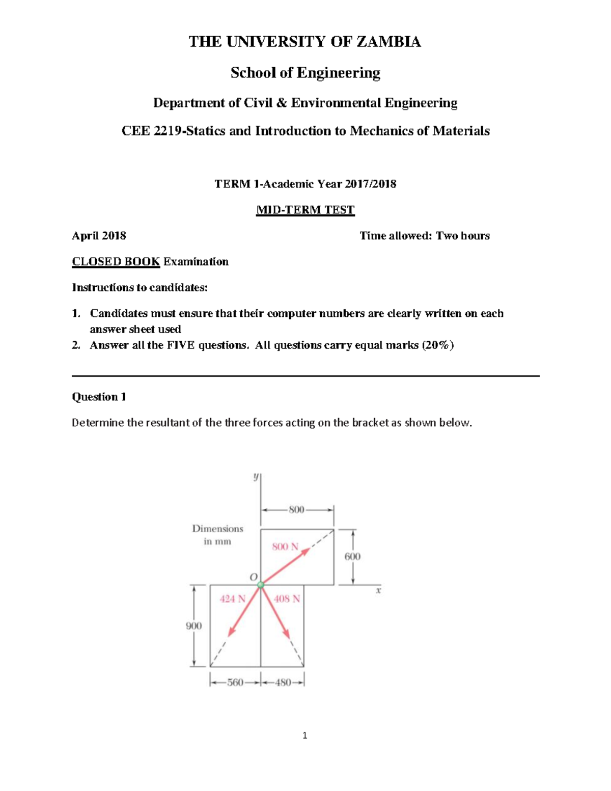 2017-2018 CEE2219 TM1 Mid Exam 2017-18 - THE UNIVERSITY OF ZAMBIA ...