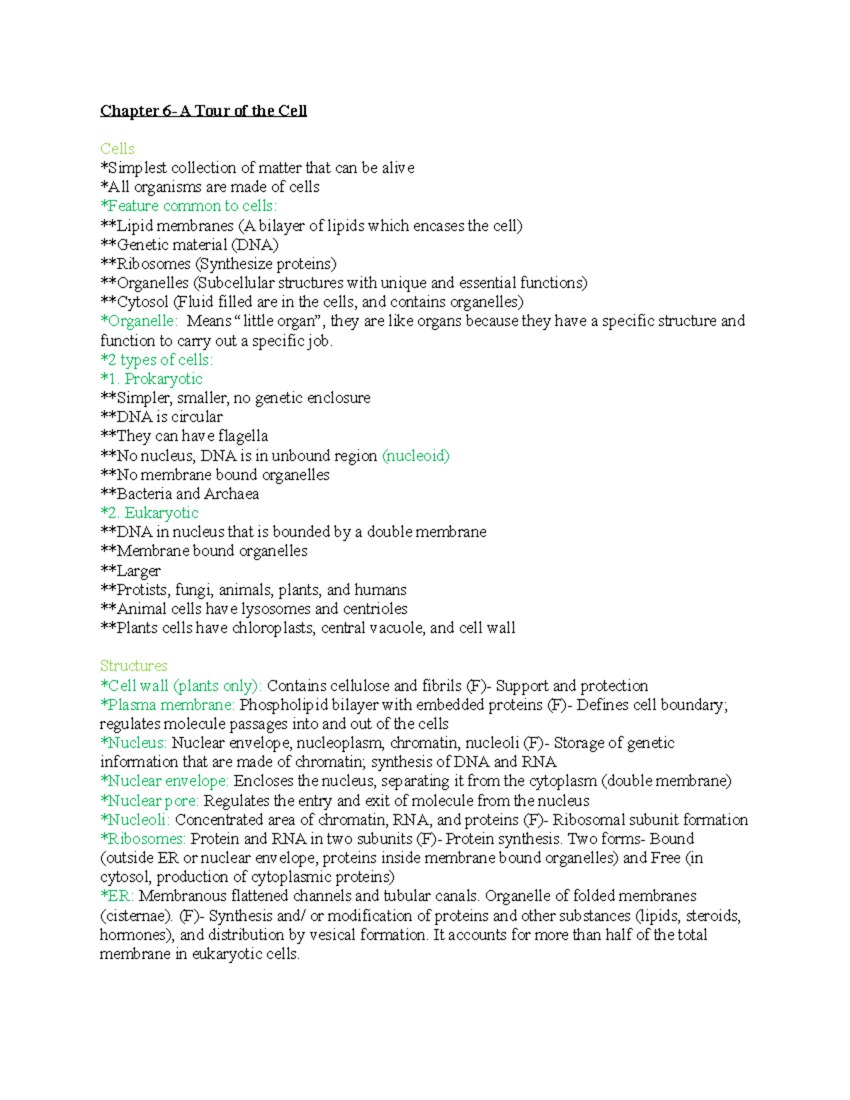 Biology Notes (Exam III) - Chapter 6- A Tour of the Cell Cells ...