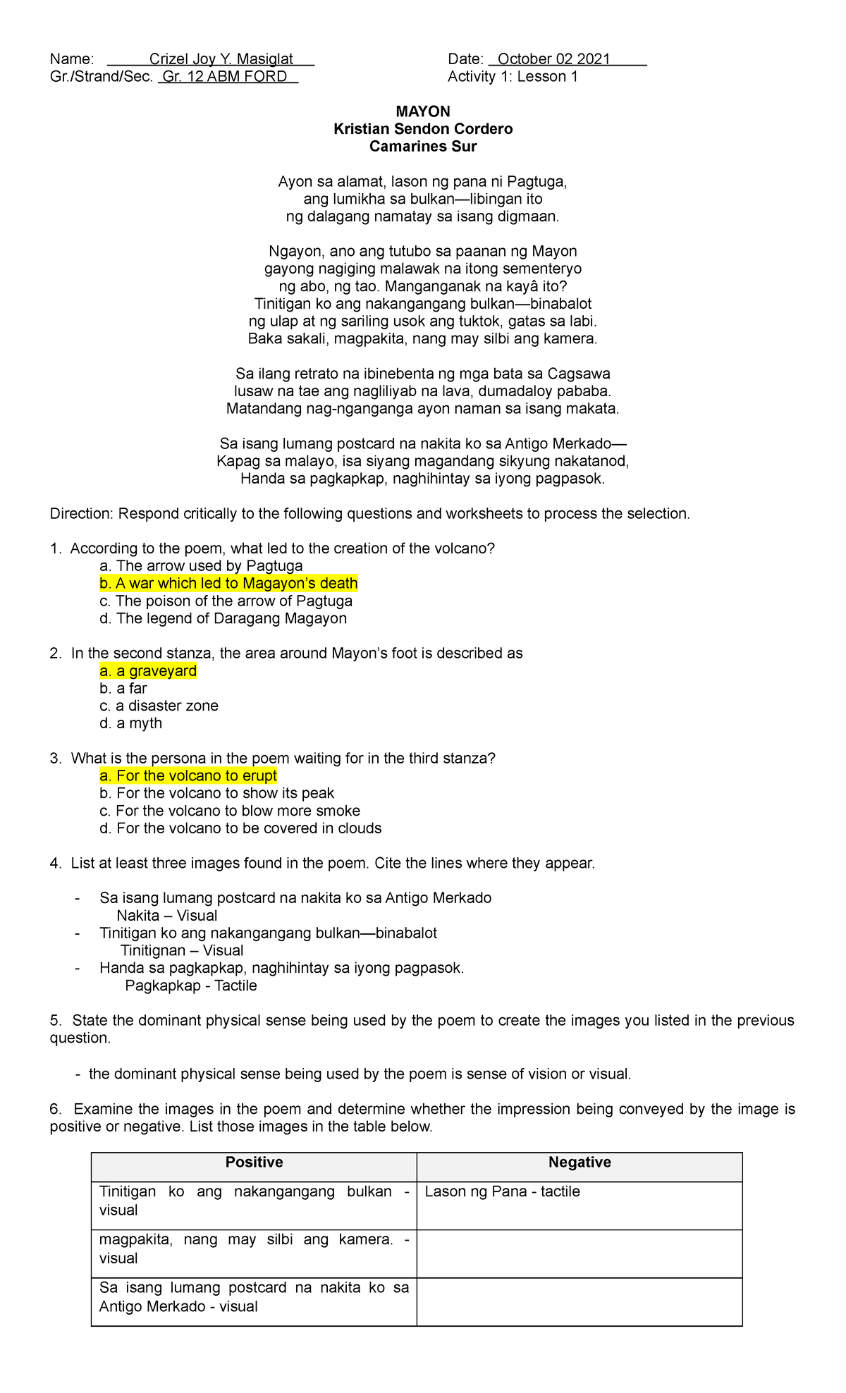 Activity 1 Lesson 1 - Mayon - Name: Crizel Joy Y. Masiglat Date ...