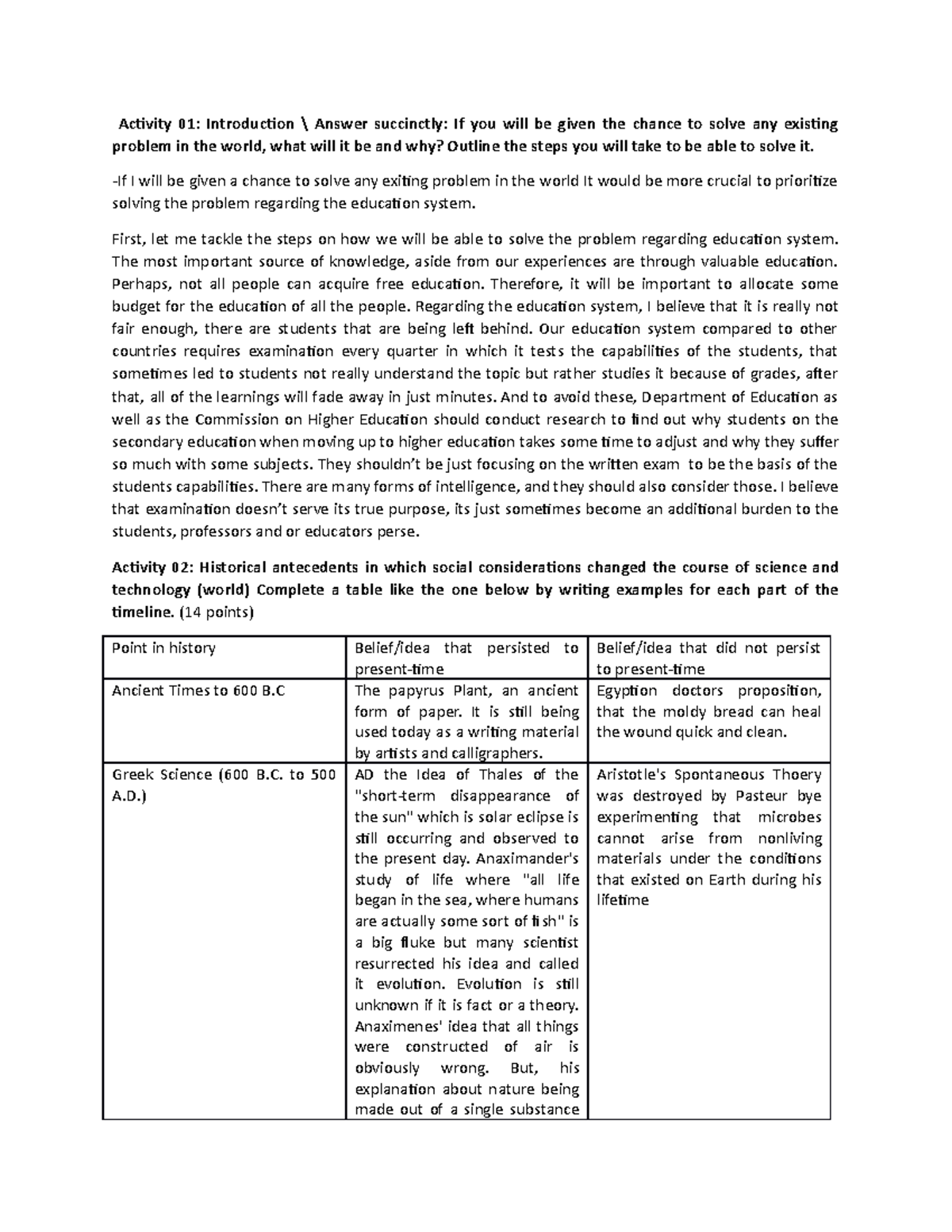 SCIENCE TECHNOLOGIES AND SOCIETY FIRST SEM - Activity 01: Introduction ...