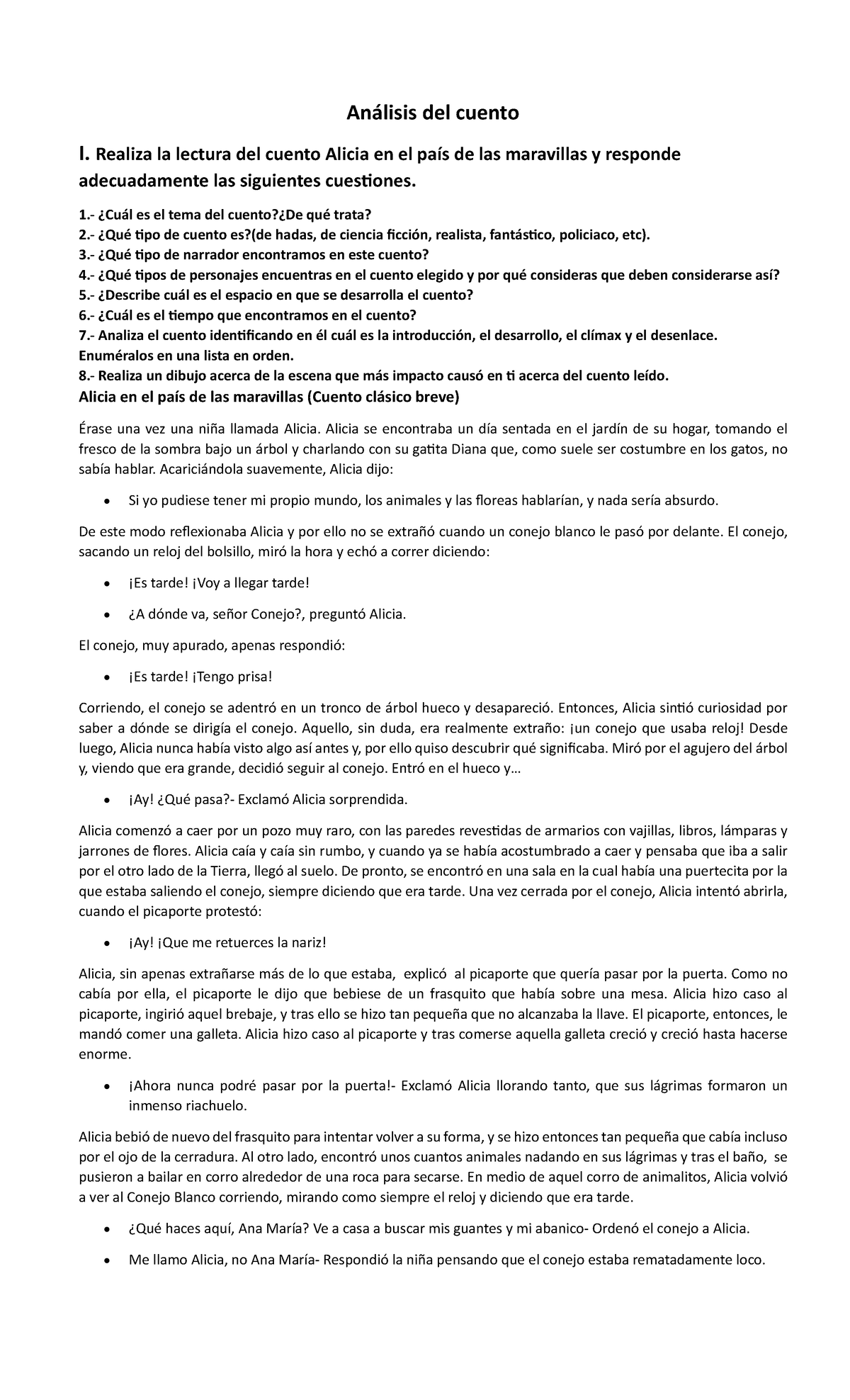 Alicia Análisis de cuento - Análisis del cuento I. Realiza la lectura ...