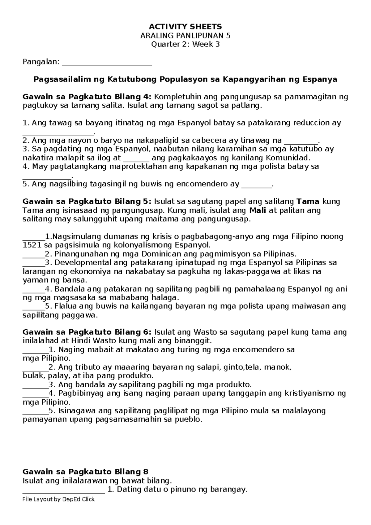 AP 5 Activity Sheet Q2 W3 - ACTIVITY SHEETS ARALING PANLIPUNAN 5 Quarter 2: Week 3 Pangalan ...