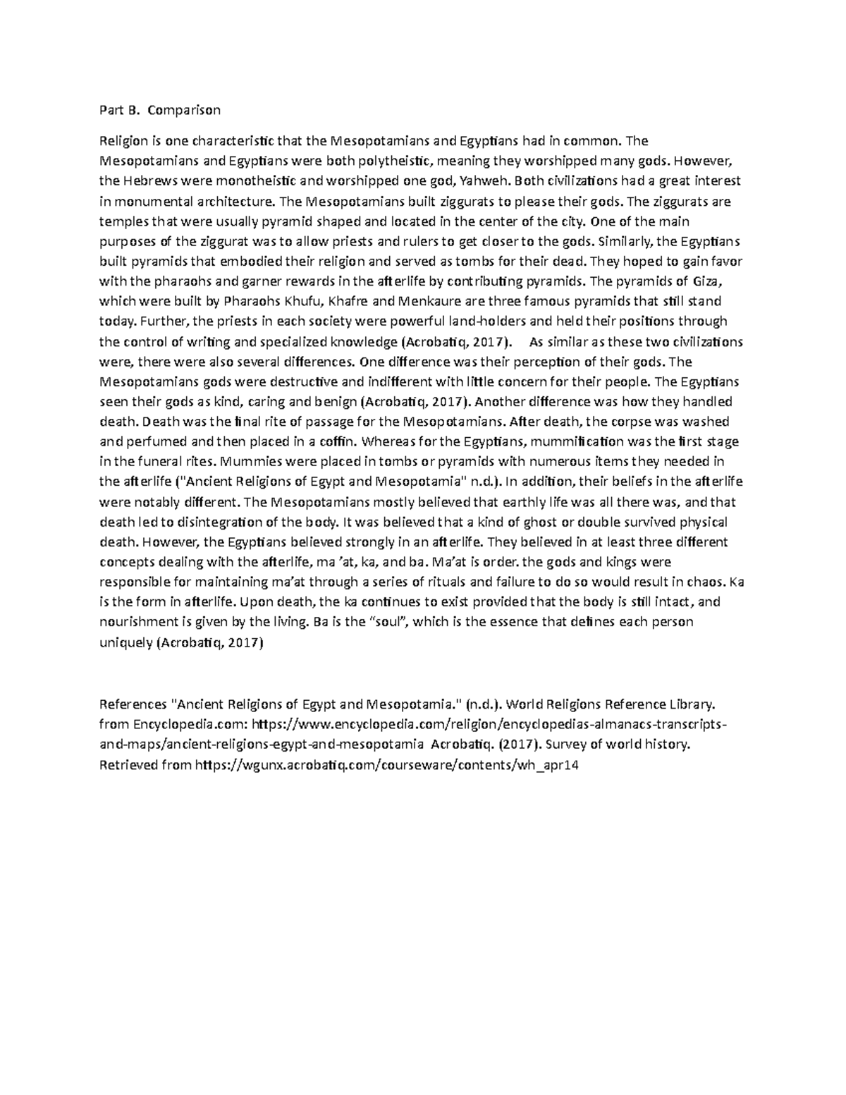 Part B. Comparison - Religion: The Mesopotamians and Egyptians Short ...