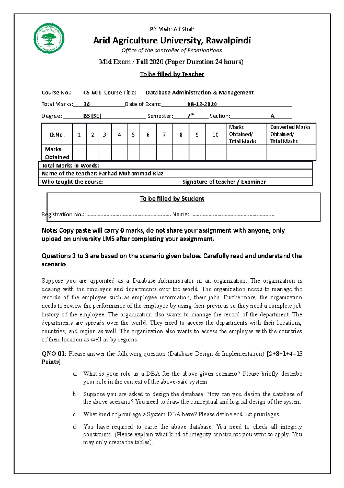 Mid Term exam Fall 2020 DBA BSSE - Distributed Database Systems - Studocu