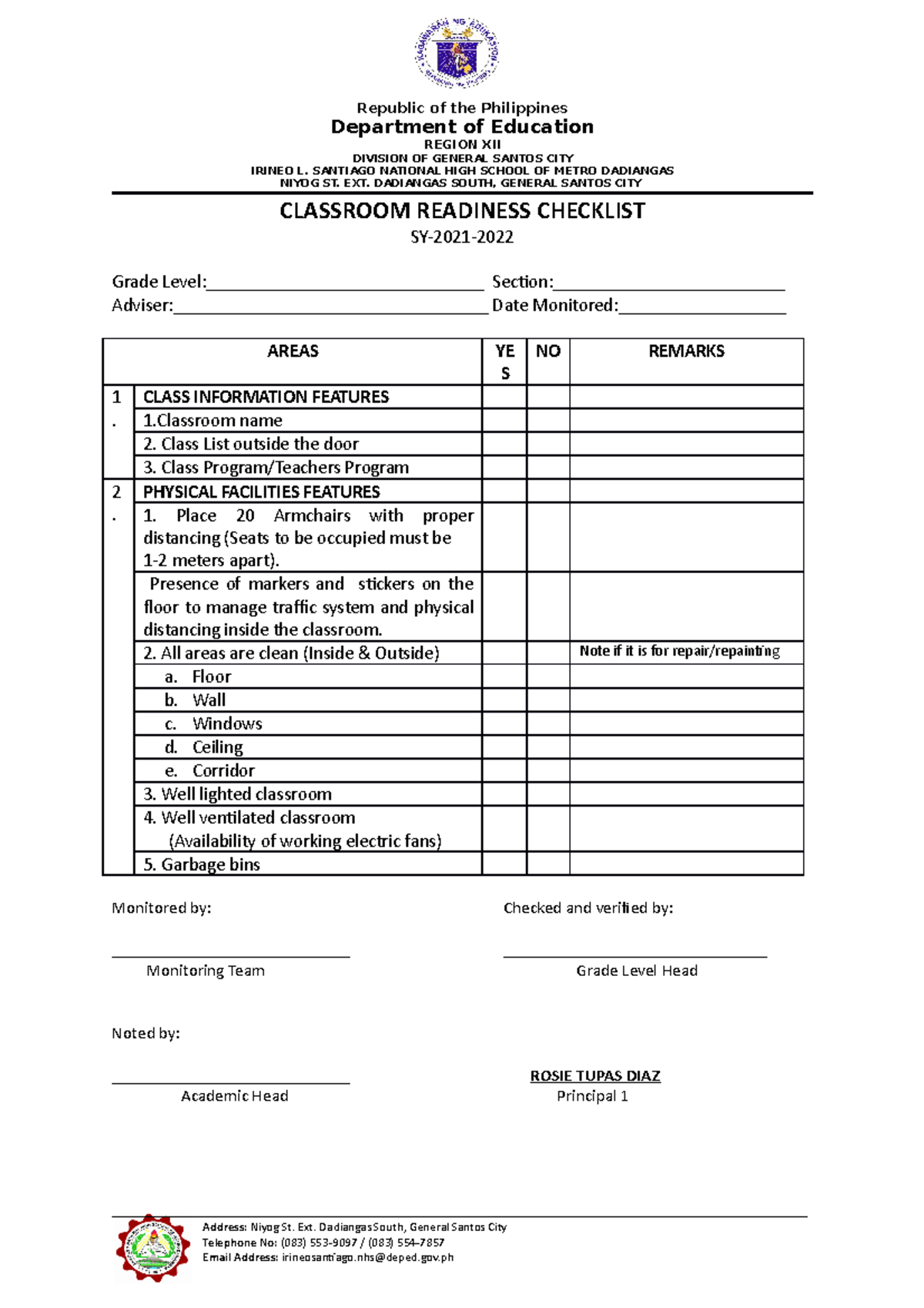 Classroom Readiness Monitoring Form 2021 2022 Republic Of The
