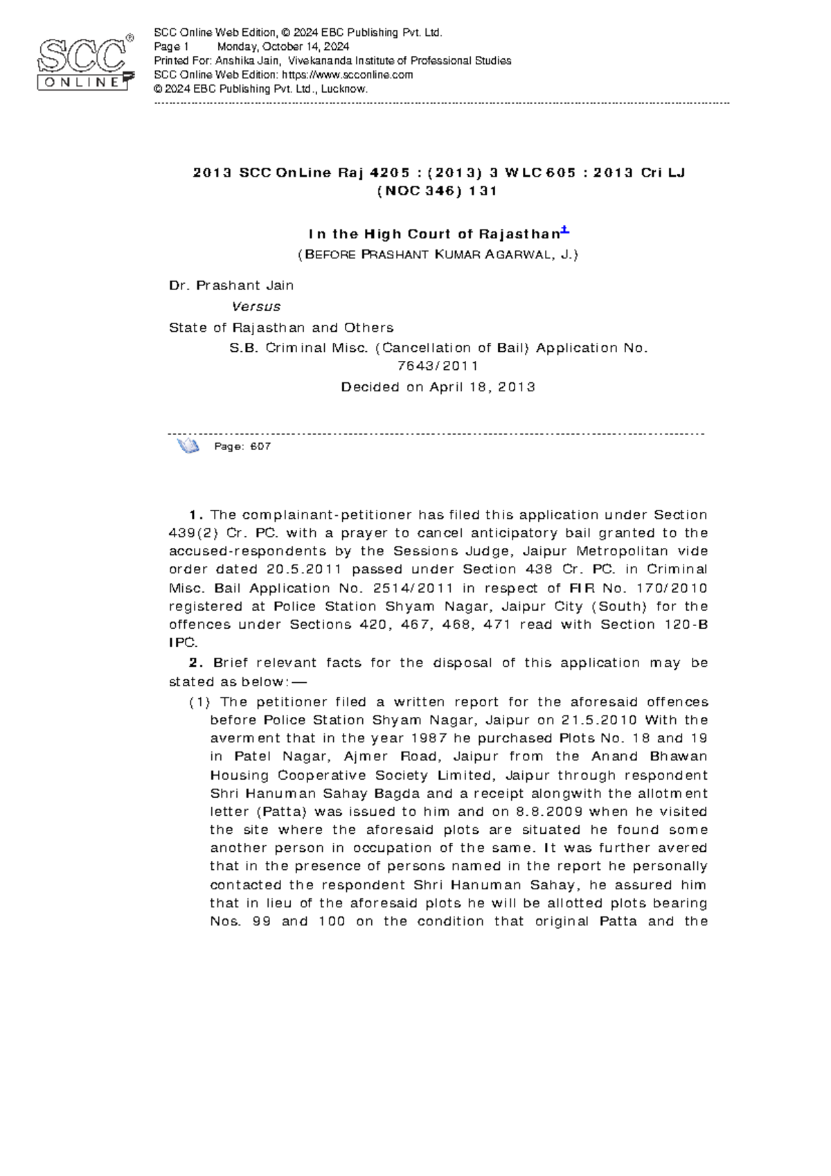 Scc - its a book - 2013 SCC OnLine Raj 4205 : (2013) 3 WLC 605 : 2013 ...