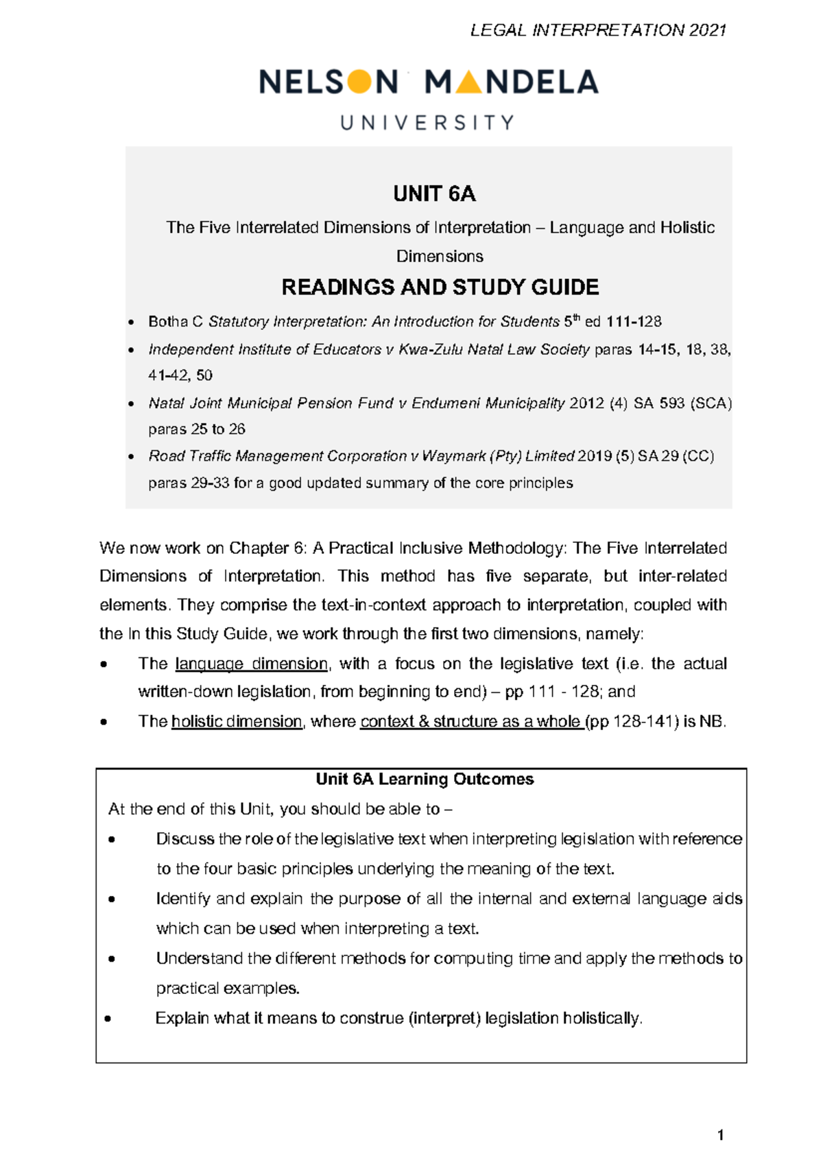 2021 Unit 6A Study Guide The Language Holistic Dimensions of the Five ...