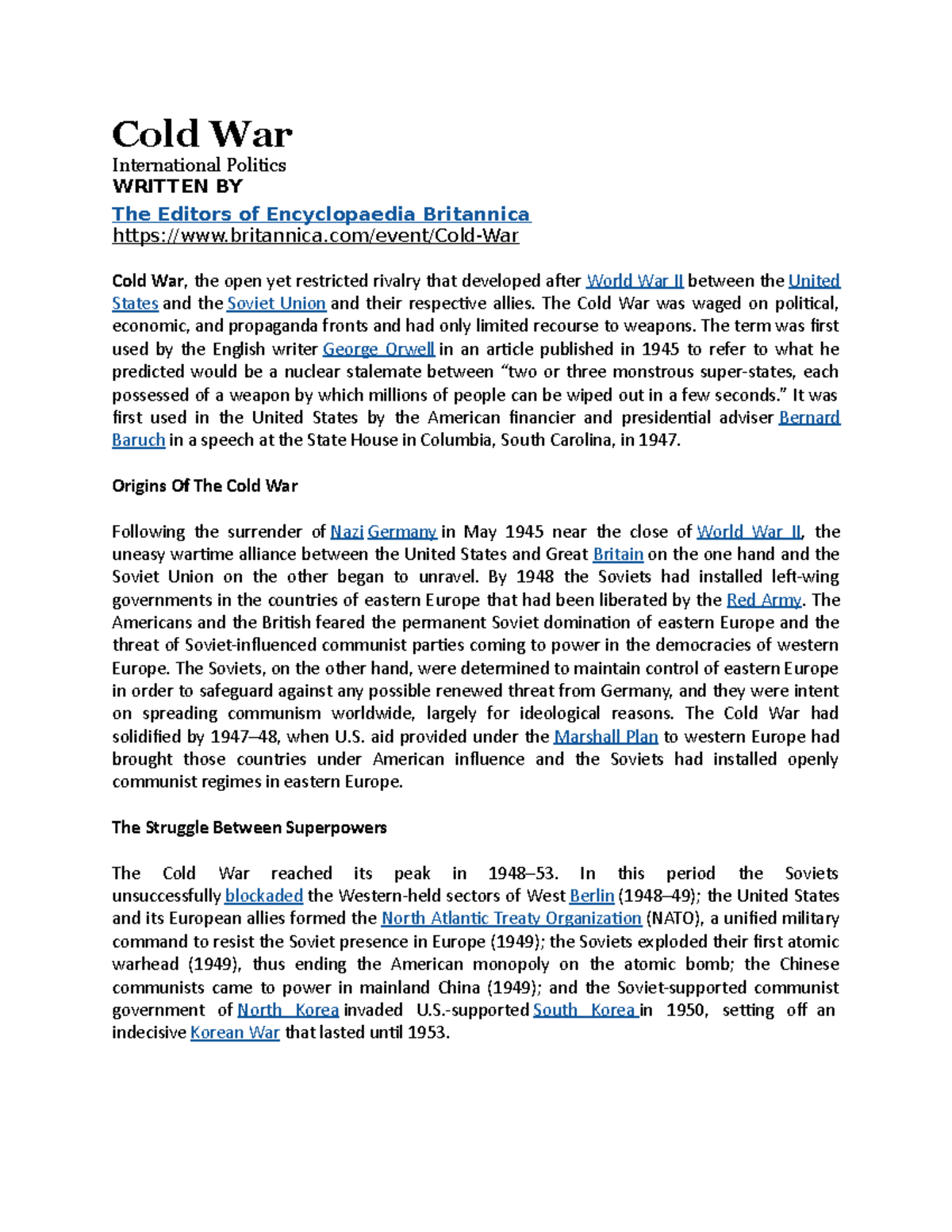 Cold-War - for global history - Cold War International Politics WRITTEN ...