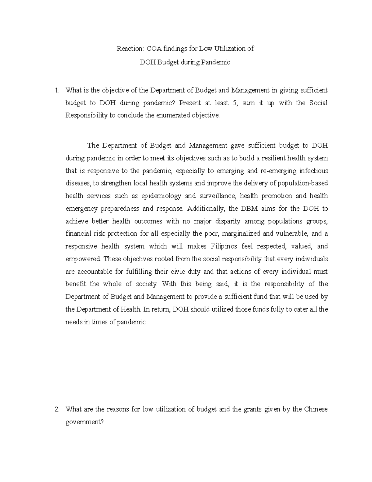 COA findings on low utilization of budget - Reaction: COA findings for ...