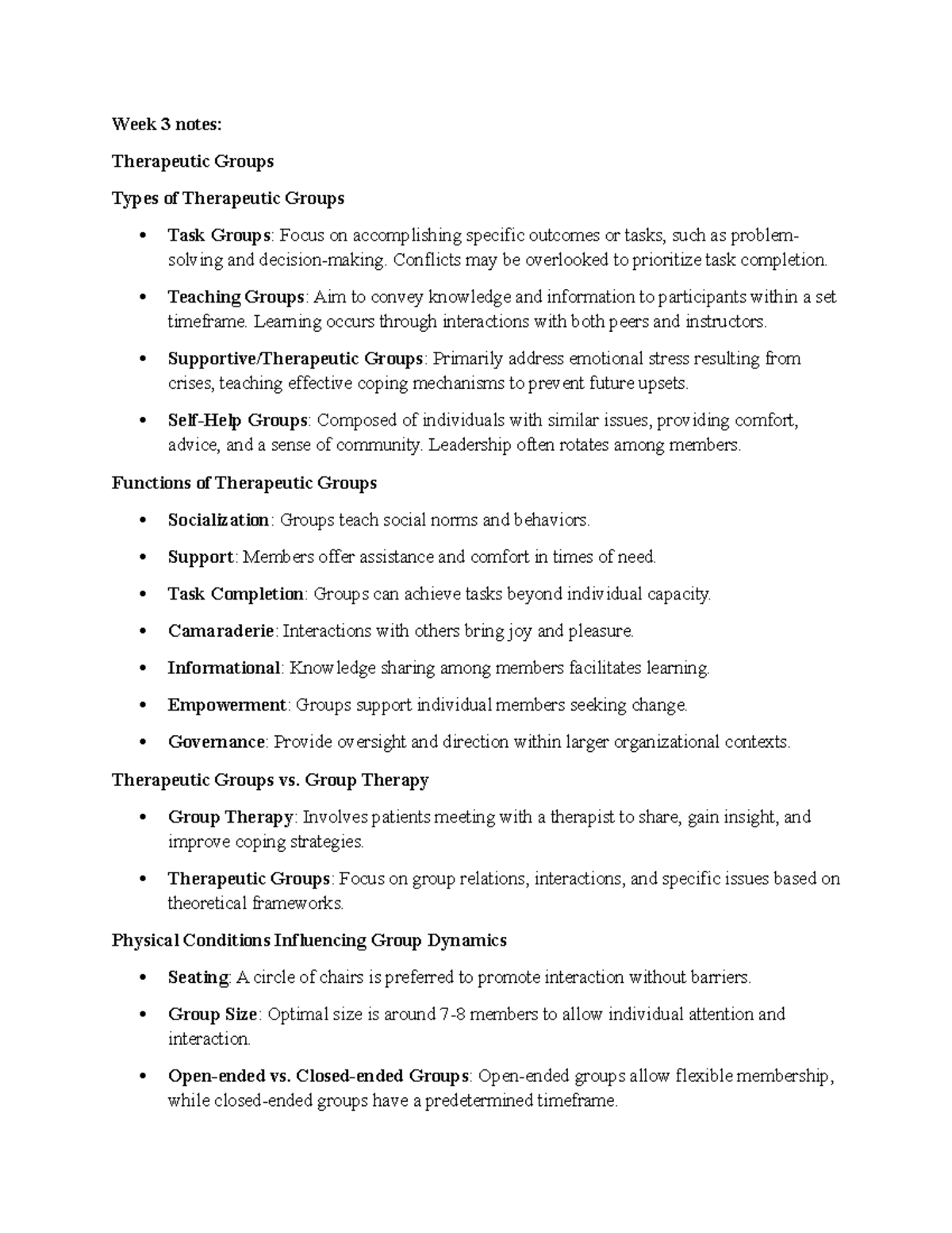 Week 3 notes - Week 3 notes: Therapeutic Groups Types of Therapeutic ...