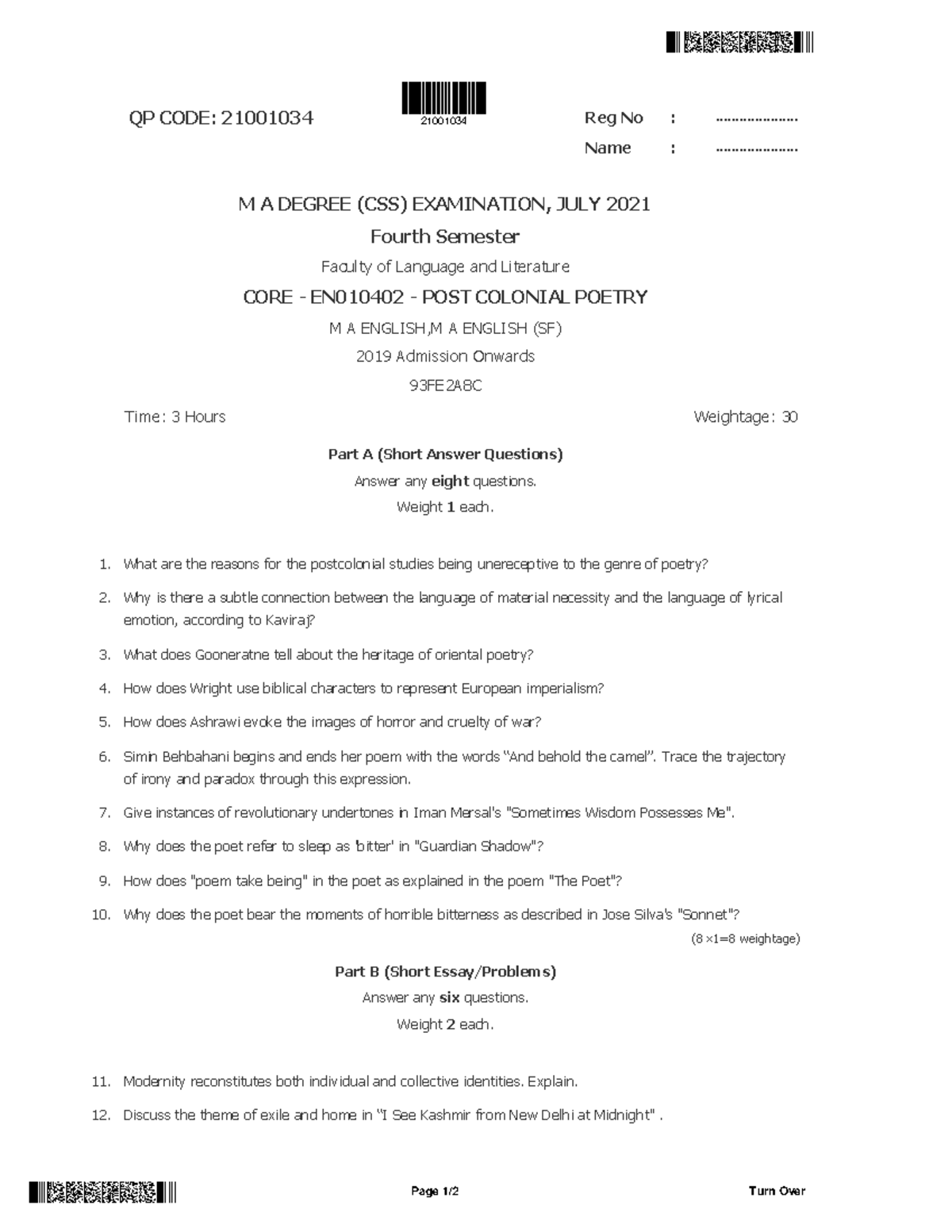 Post colonial - QP CODE: 21001034 Reg No : ..................... Name : ..................... M ...