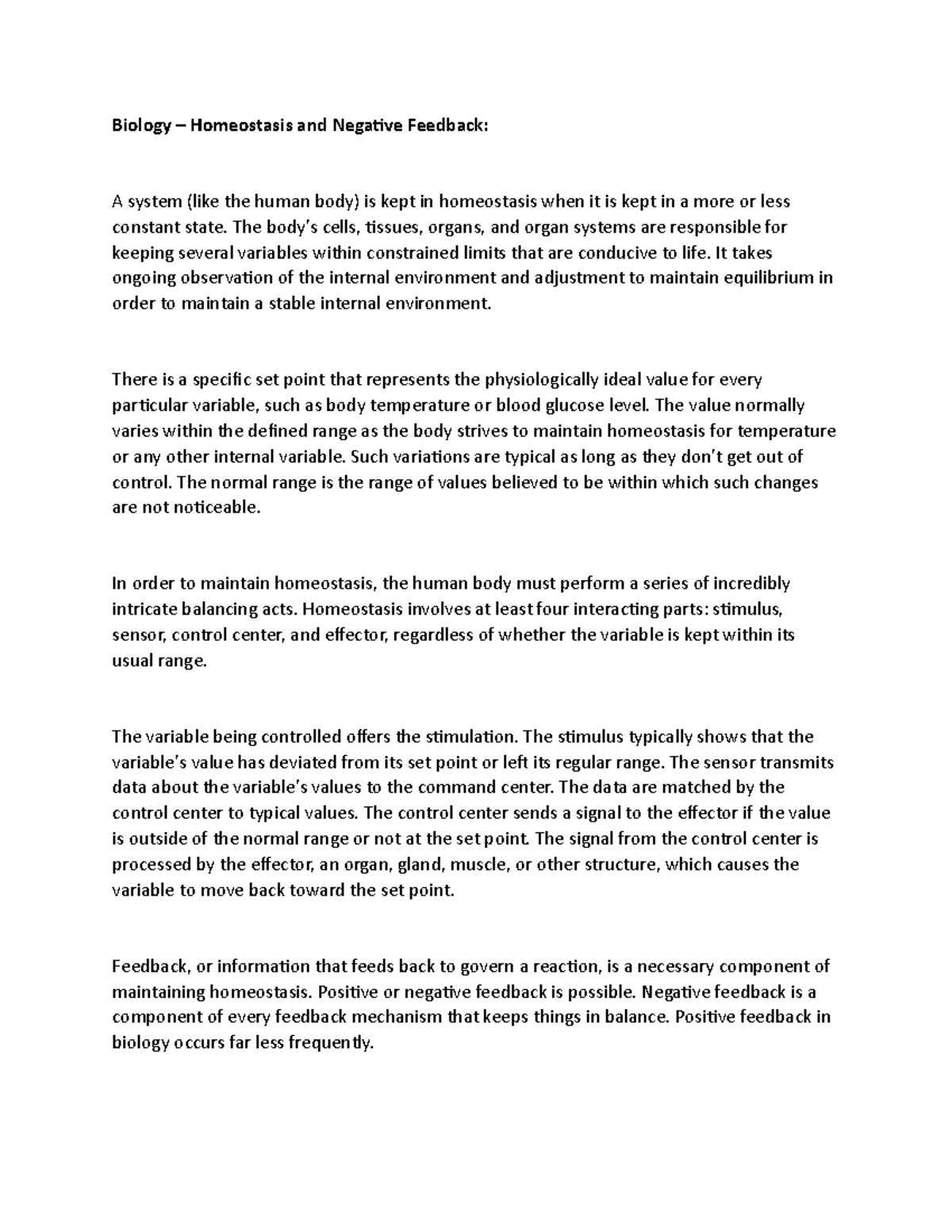 Biology – Homeostasis and Negative Feedback - Biology – Homeostasis and ...