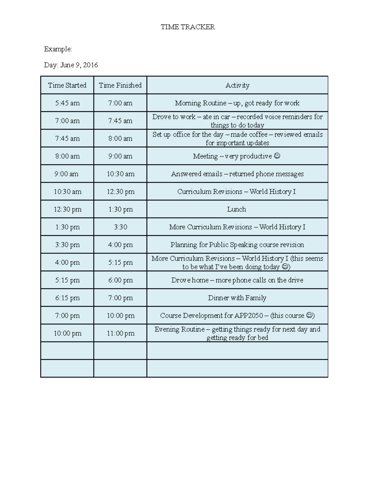 Time Tracker w Rubric - Example: Day: June 9, 2016 Time Started Time ...