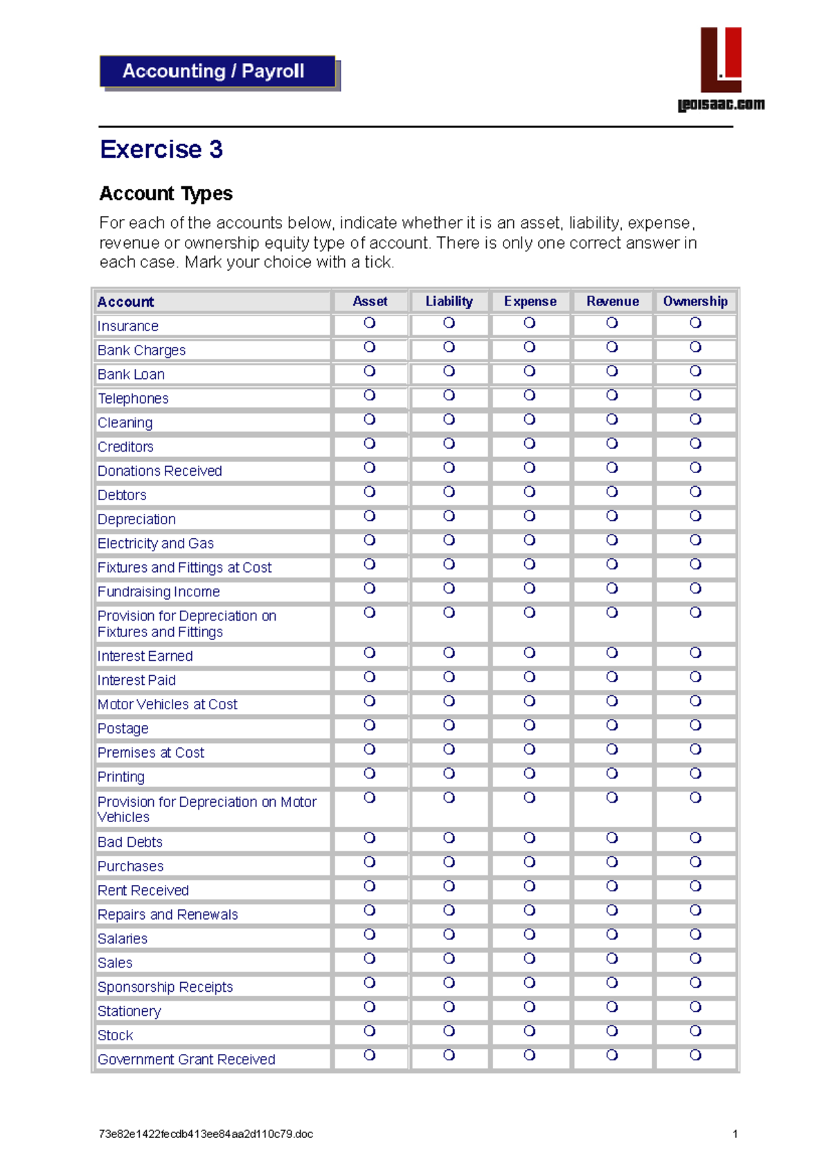 Exercise 03 - Basic accounting - Exercise 3 Account Types For each of ...