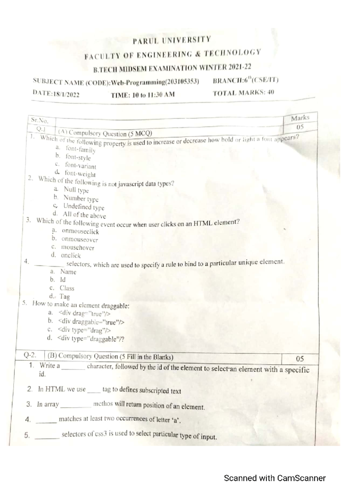 WP - Remid QP - PSNM - B.tech CSE - Studocu