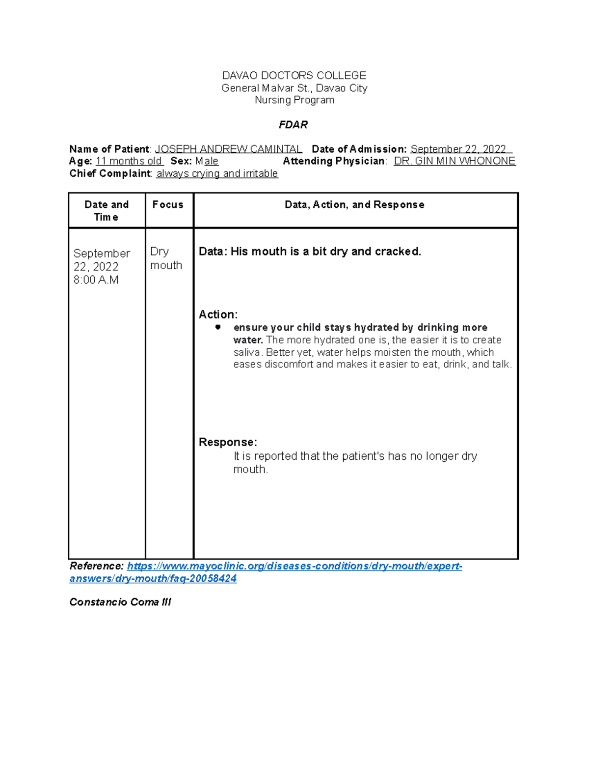 MOD7 COMA FDAR - FDAR - DAVAO DOCTORS COLLEGE General Malvar St., Davao ...