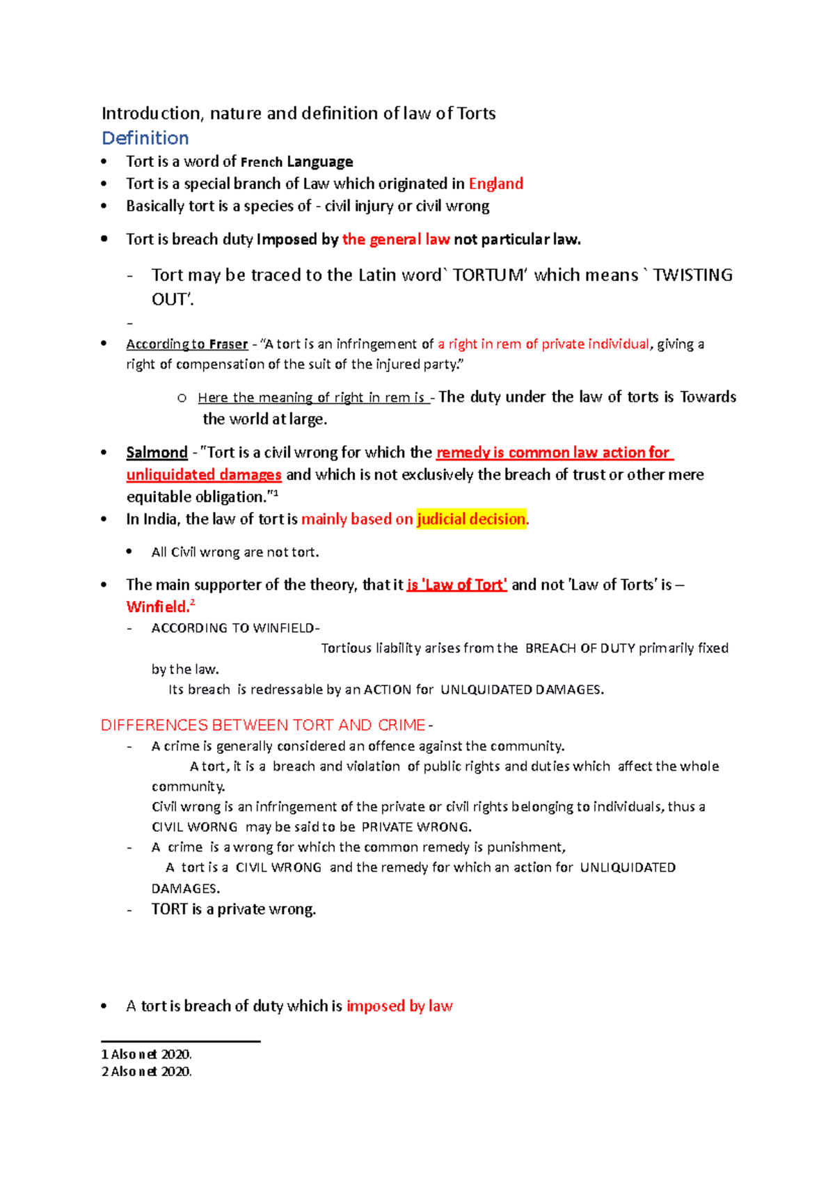 TORT PRE 1 - LAW - Introduction, nature and definition of law of Torts ...