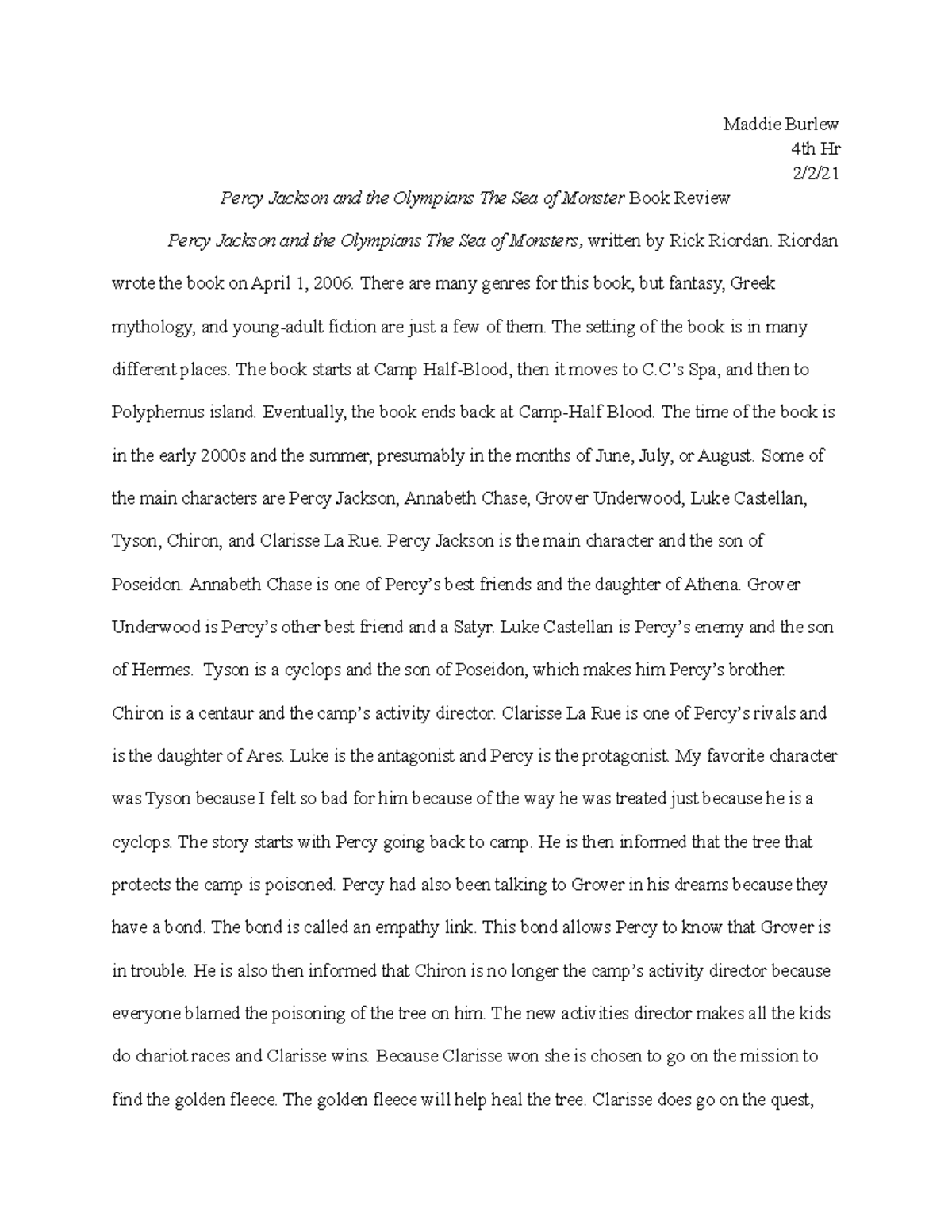 Book Review Percy Jackson and the Sea of Monsters - Maddie Burlew 4th ...